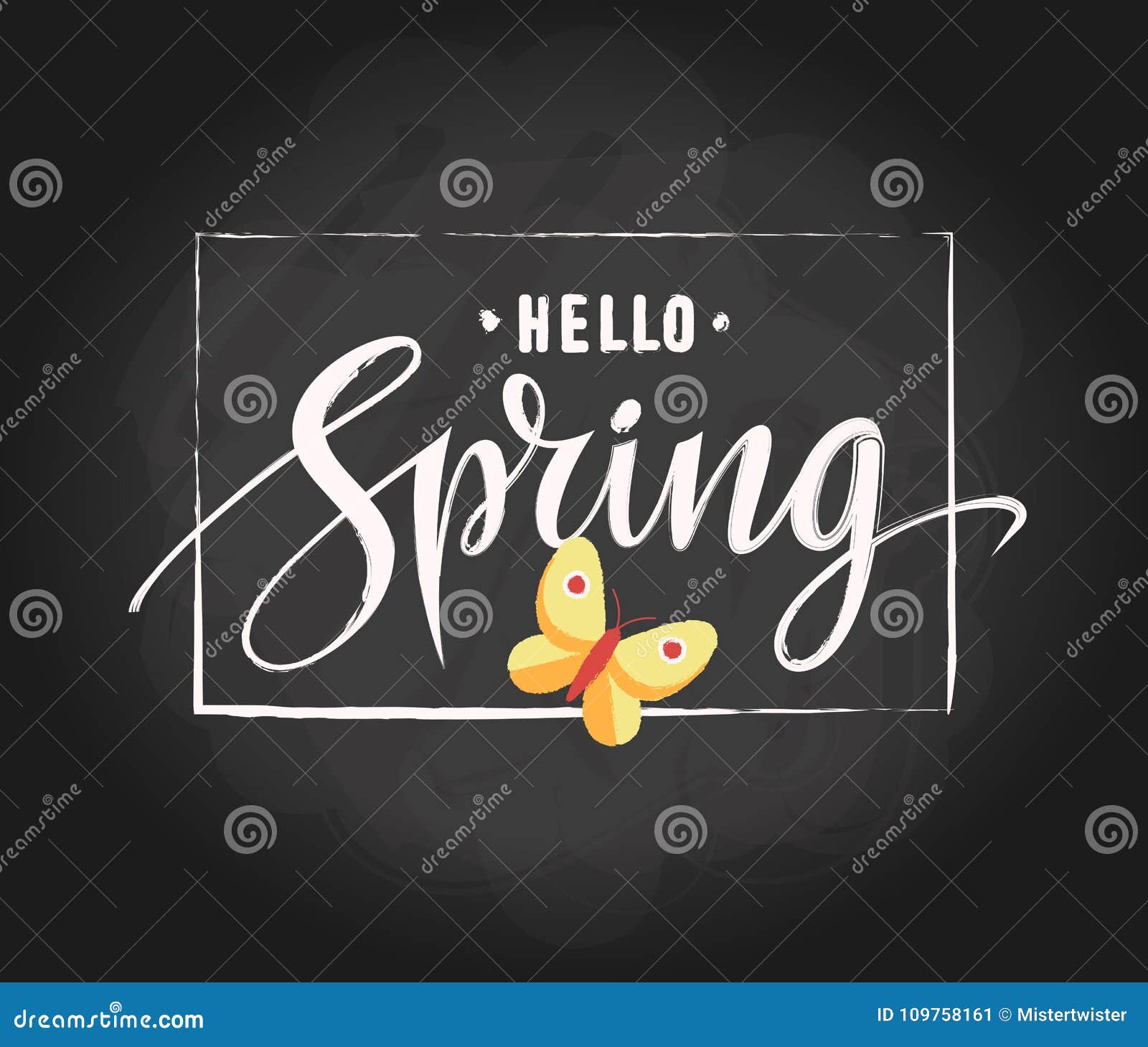 Hello Spring Letterng Typography on Chalkboard Texture with Hand Drawn ...