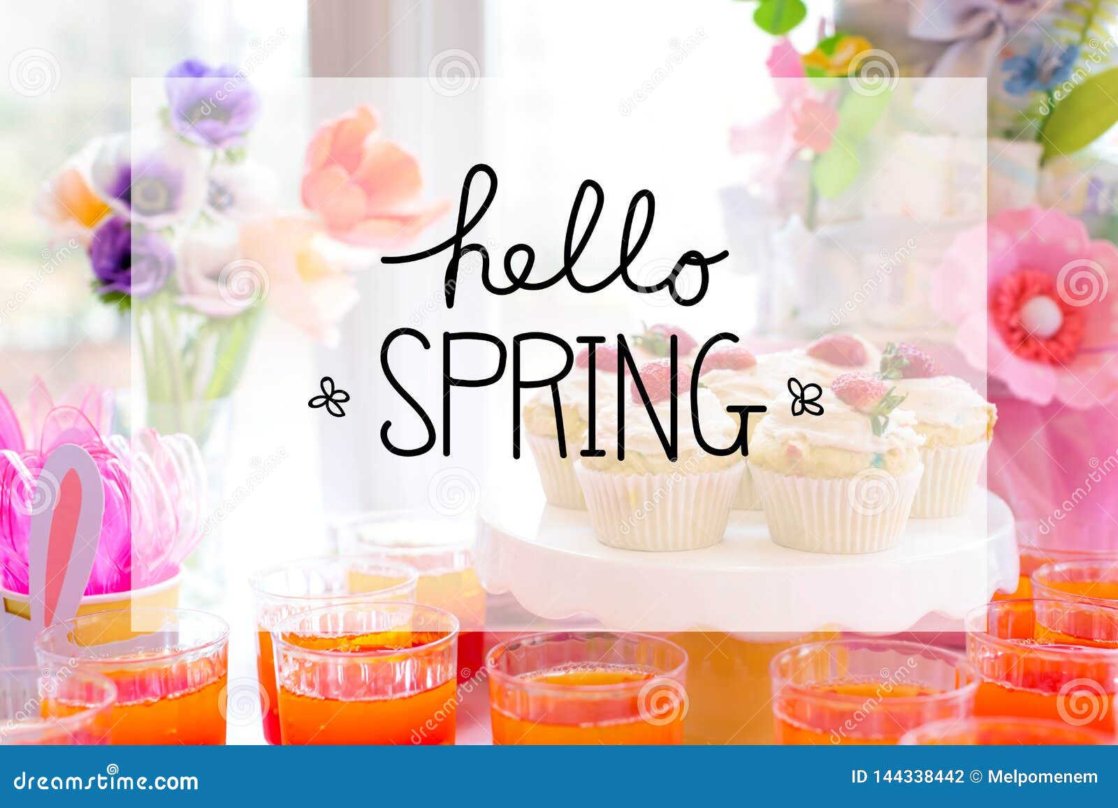 Hello Spring Message with Dessert Table Stock Photo - Image of party ...
