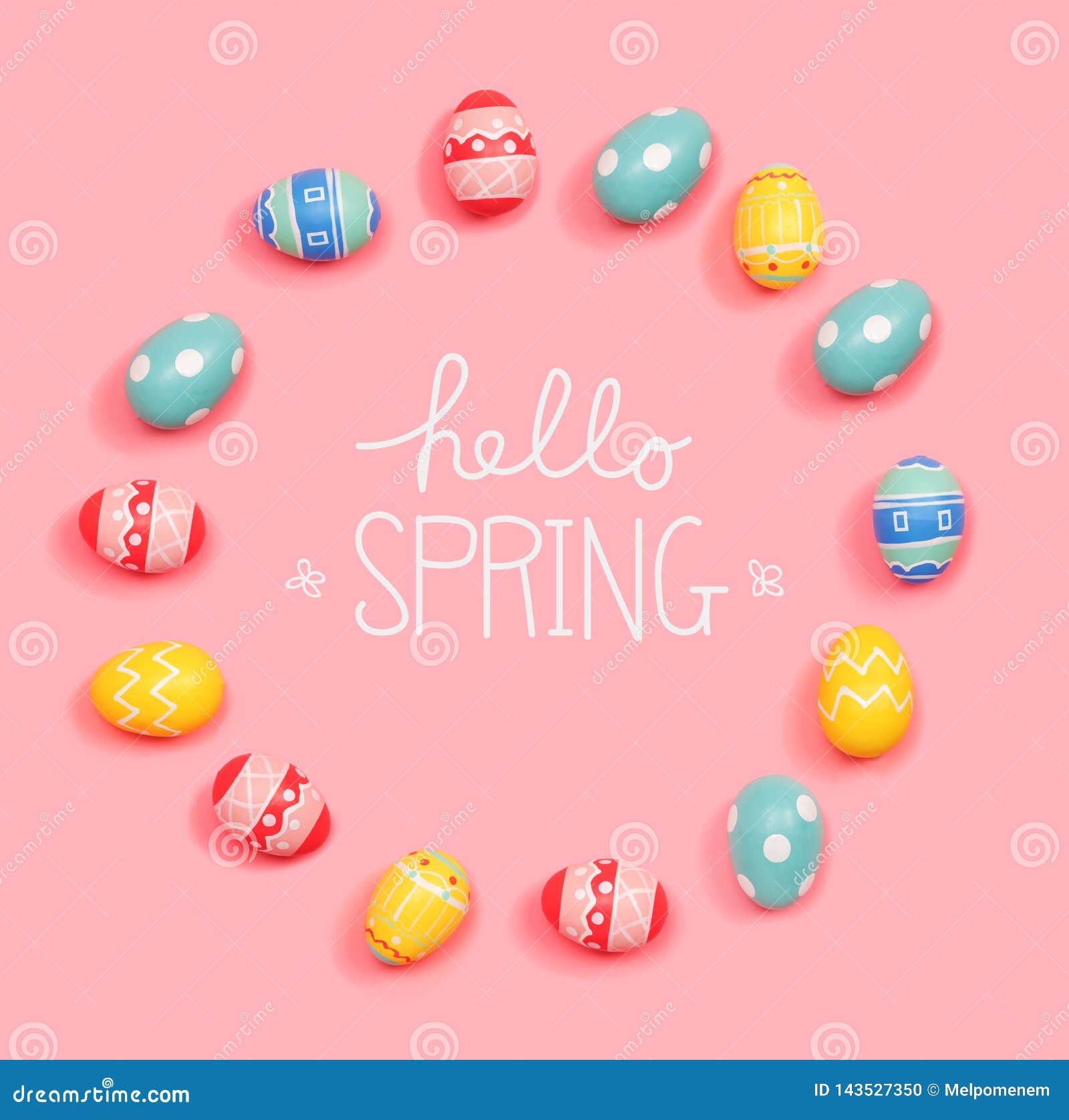 Hello Spring Message with Easter Eggs Stock Photo - Image of ...
