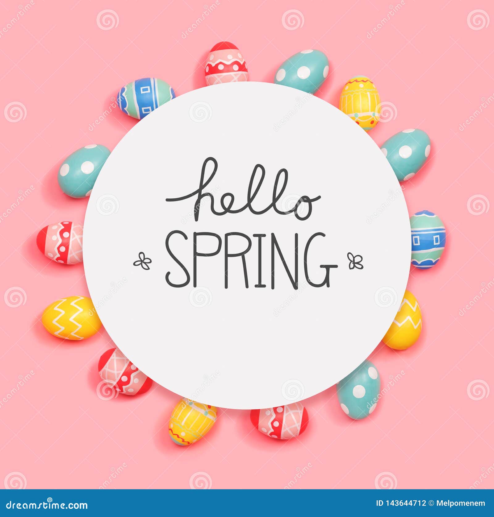 Hello Spring Message with Easter Eggs Stock Photo - Image of overhead ...