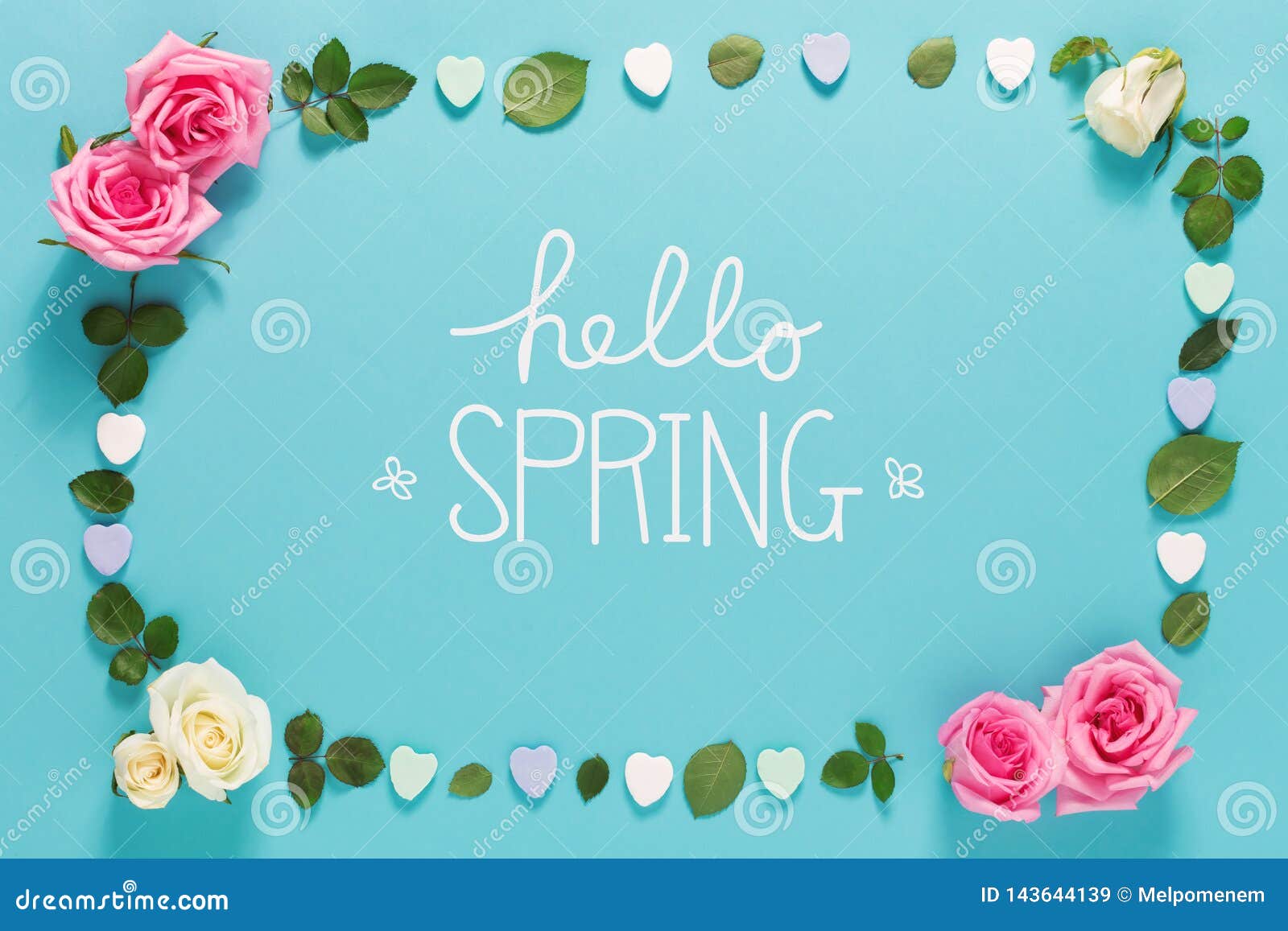 Hello Spring Message with Roses and Leaves Stock Image - Image of ...