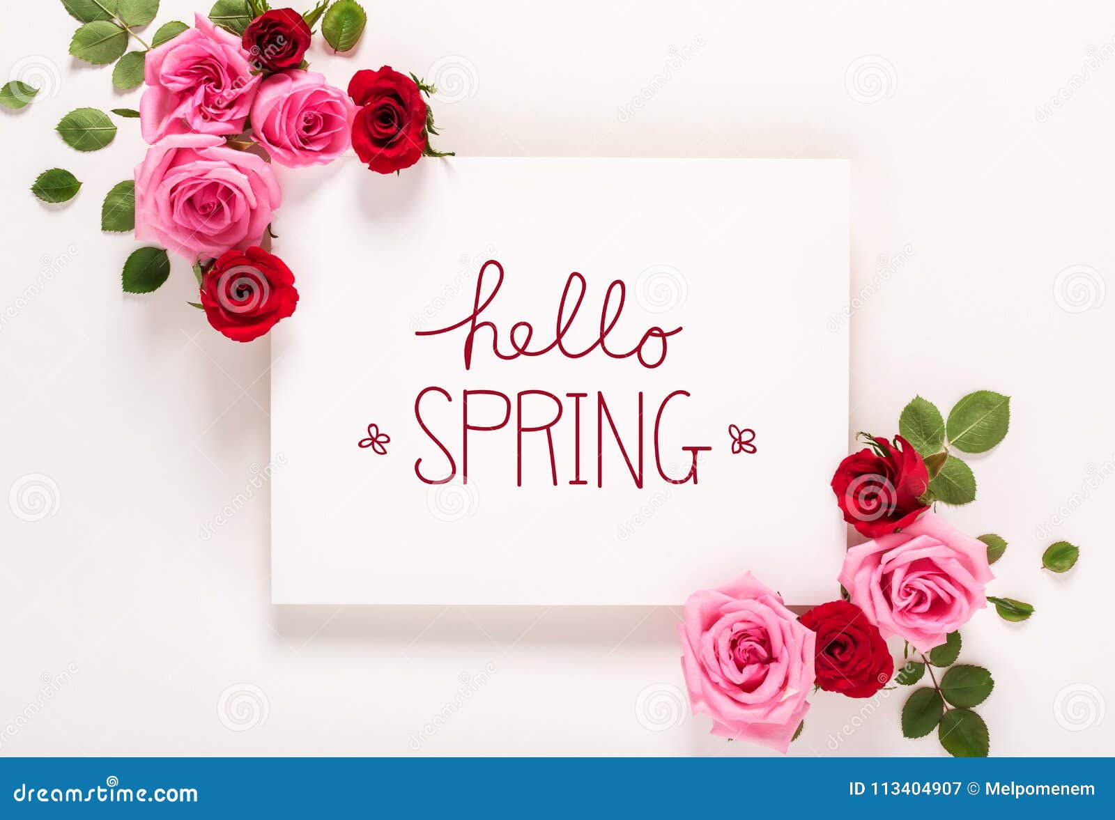 Hello Spring Message with Roses and Leaves Stock Image - Image of text ...