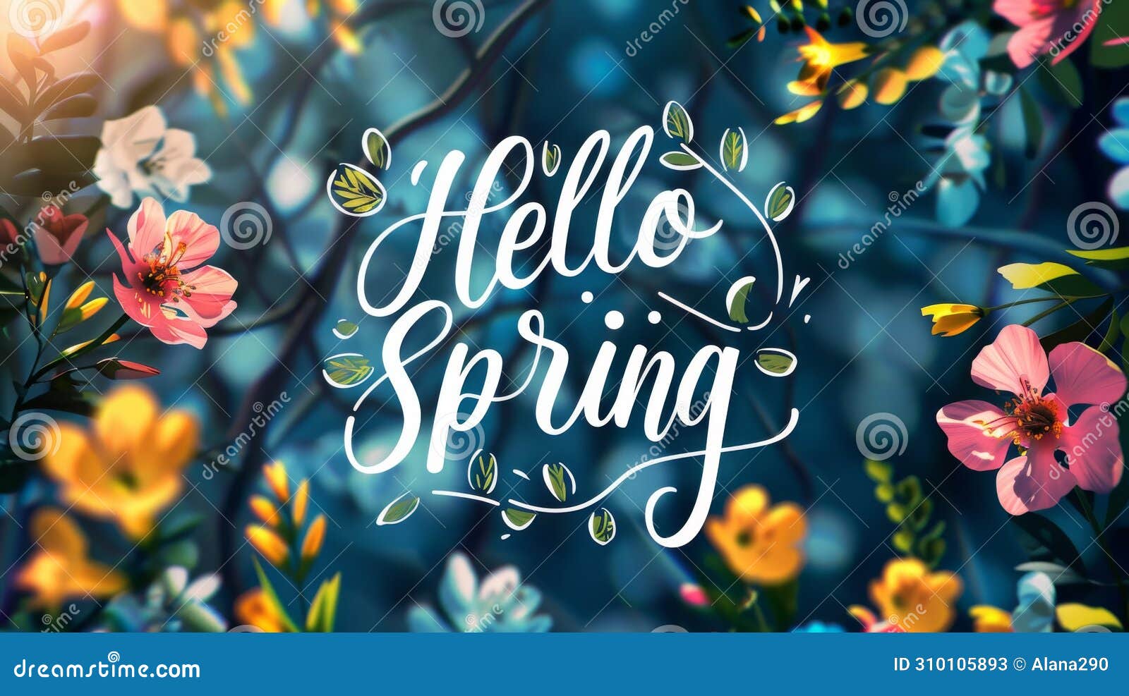 Hello Spring - Modern Calligraphy Inspirational Text on Multicolored ...