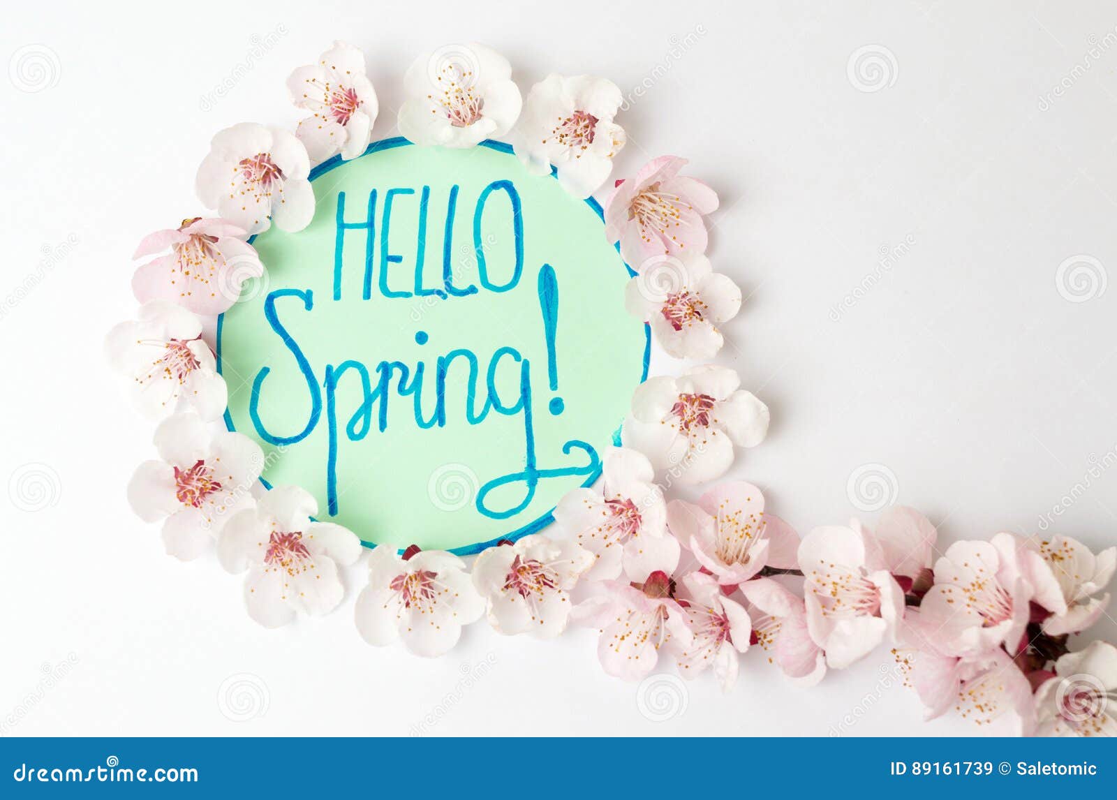 Hello Spring Note with Cherry Blossom Flowers Stock Image - Image of ...