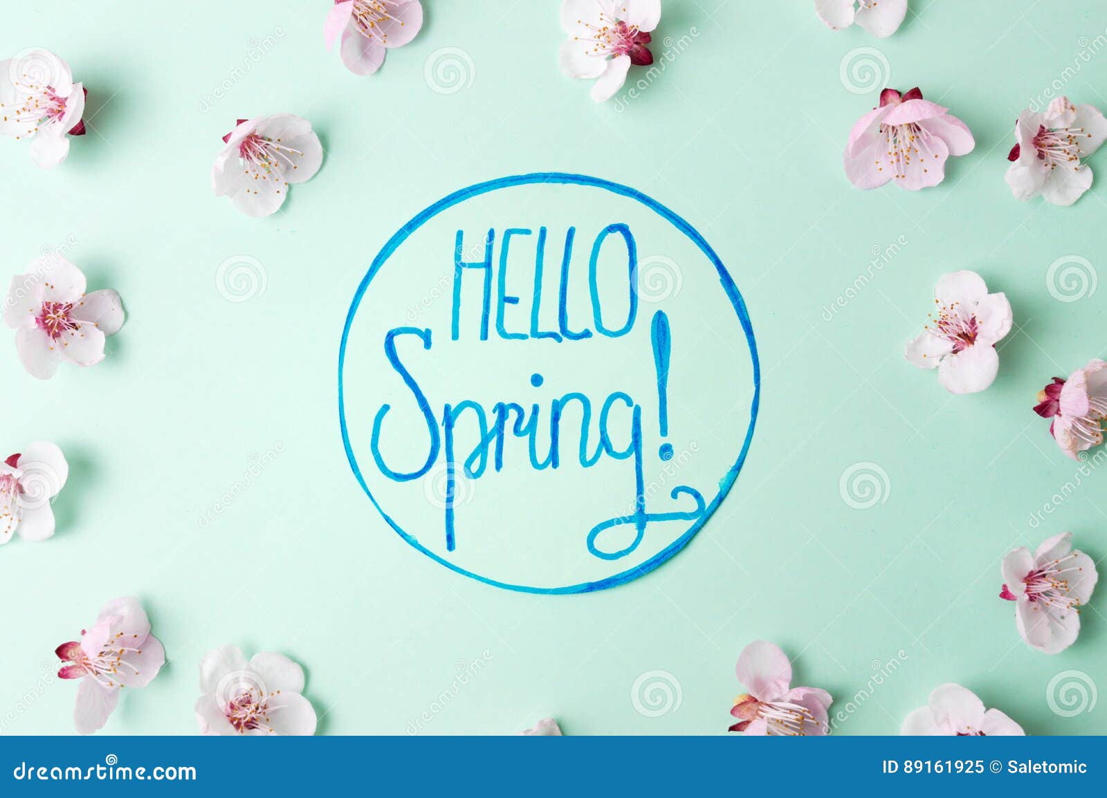Hello Spring Note with Cherry Blossom Flowers Stock Image - Image of ...