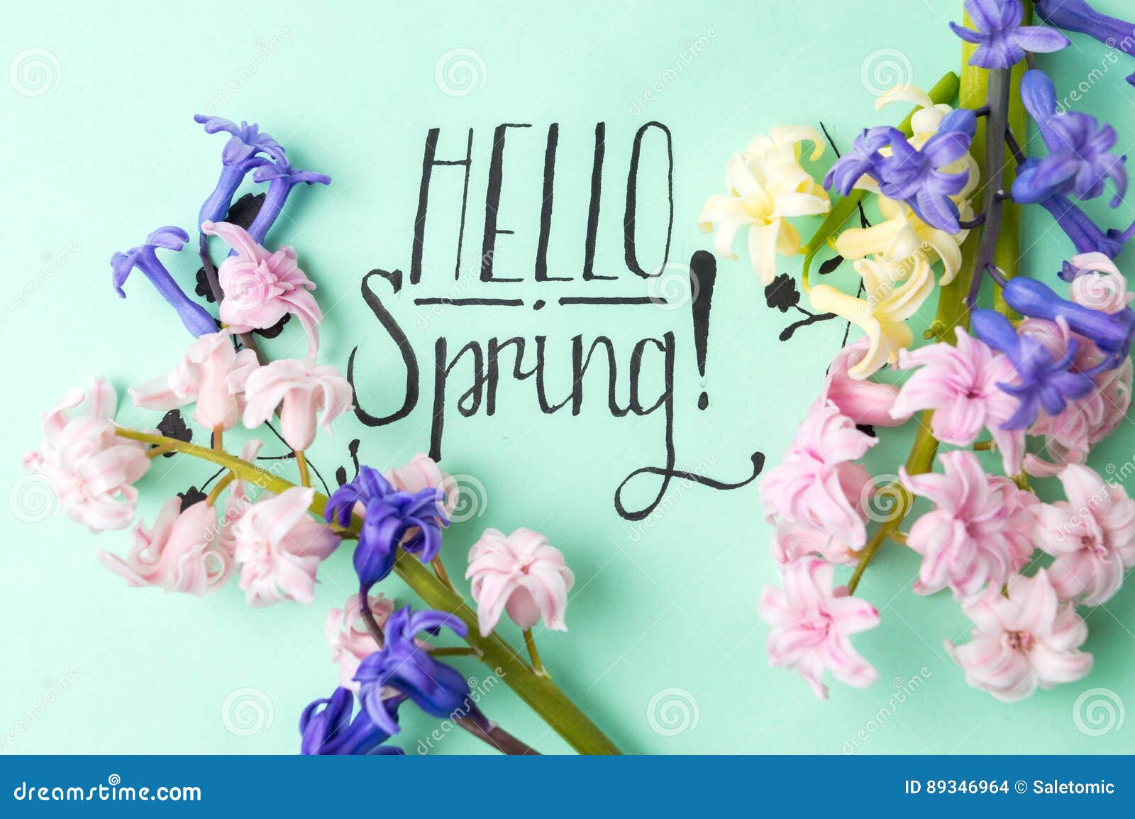 Hello Spring Note with Hyacinth Flowers Stock Photo - Image of hello ...