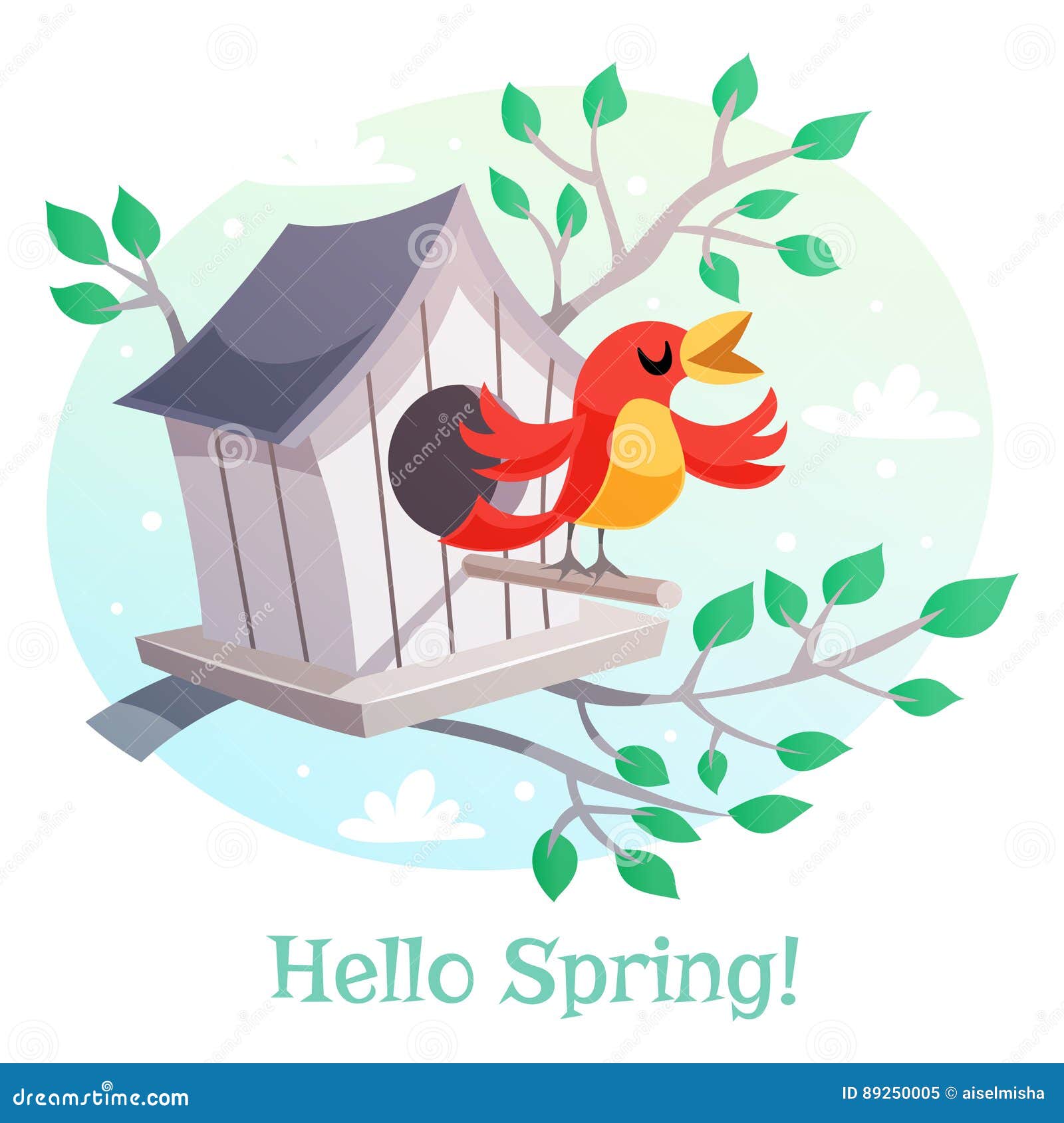 Hello Spring Poster. Birdhouse and a Singing Bird Stock Vector ...