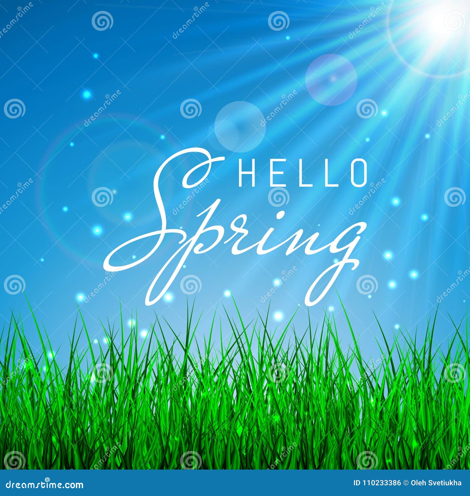 Hello Spring Poster with Green Grass and Blue Sky, Vector Illustration ...