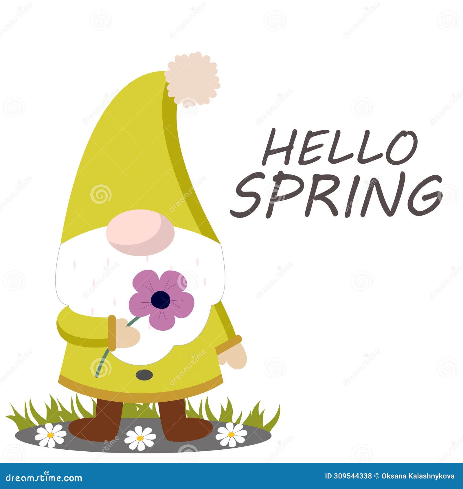 Hello Spring Quotes with Garden Gnome Illustration. Floral Springtime ...