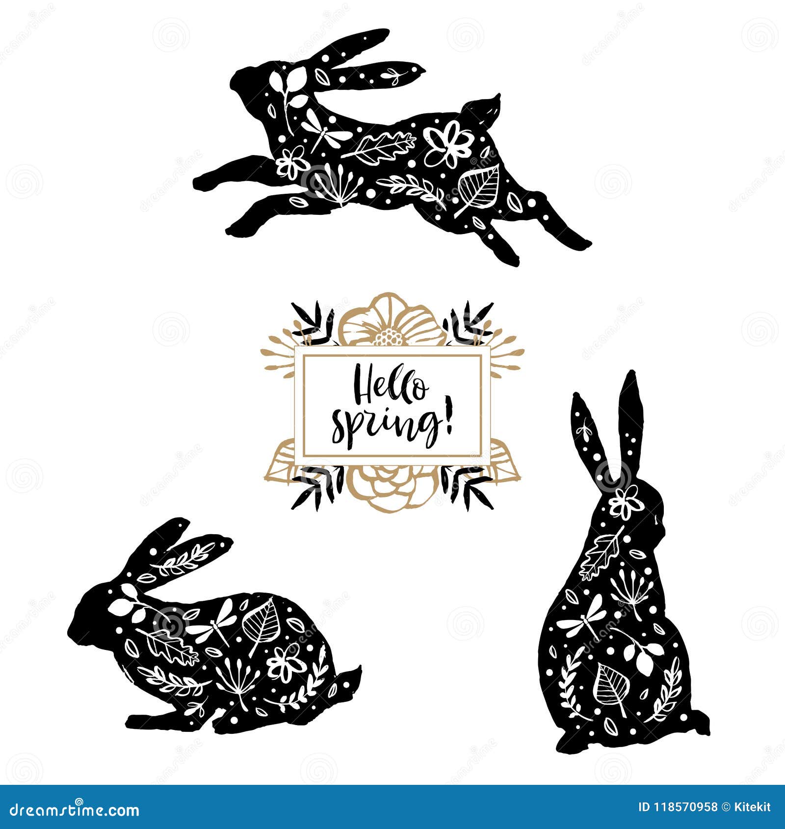 Hello Spring. Running, Sitting and Standing Silhouette of a Rabbit with ...