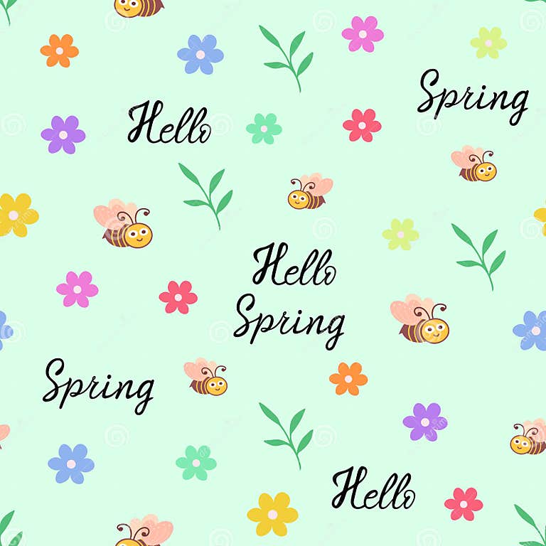 Hello Spring, Seamless Pattern with Flowers and Bees. Vector ...