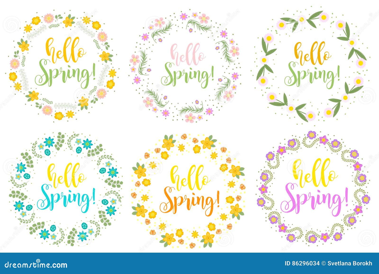 Hello Spring Set Floral Frame for Text, Isolated on White Background ...