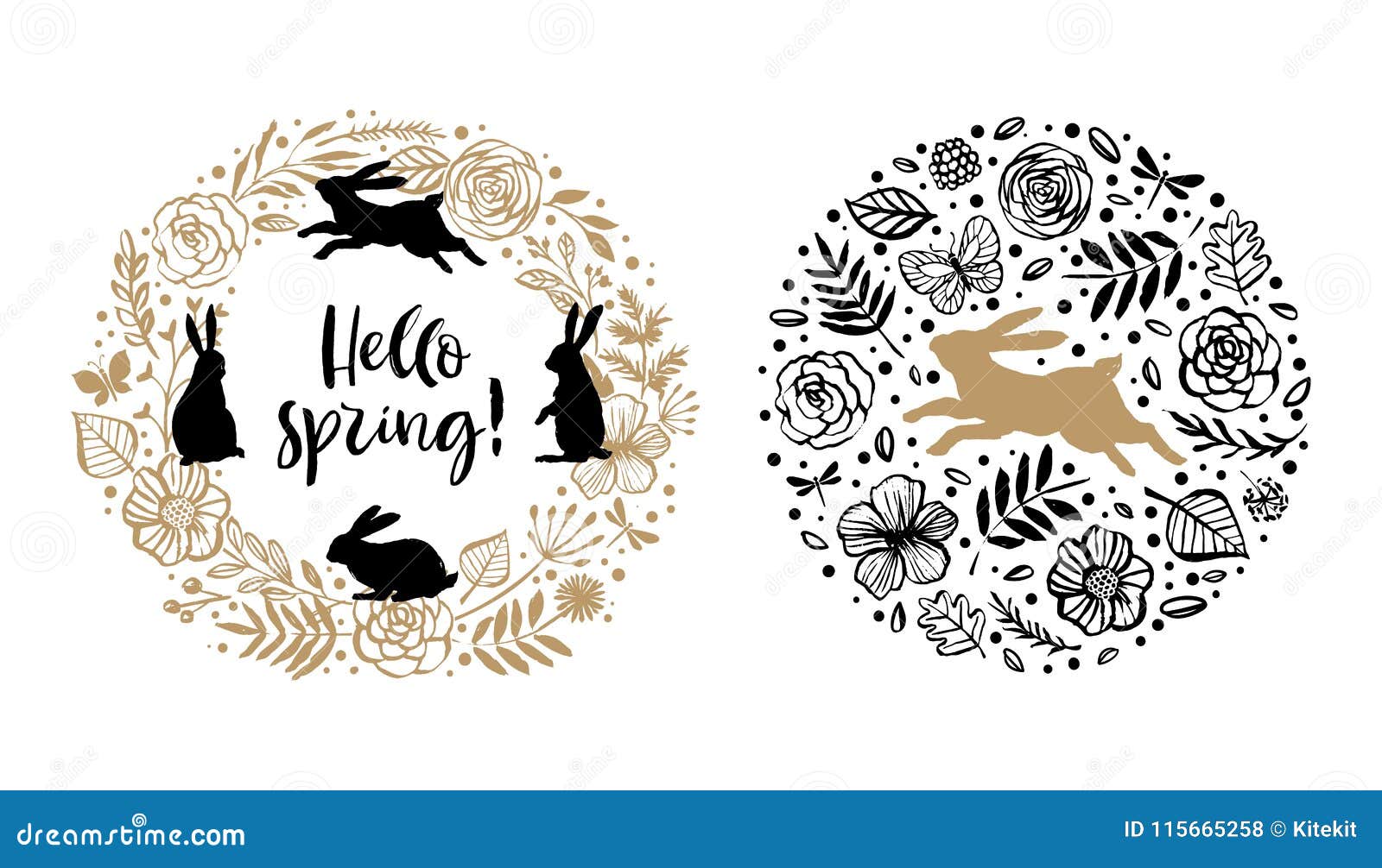 Hello Spring. Silhouette of a Rabbit in the Flower Circle and Wreath ...