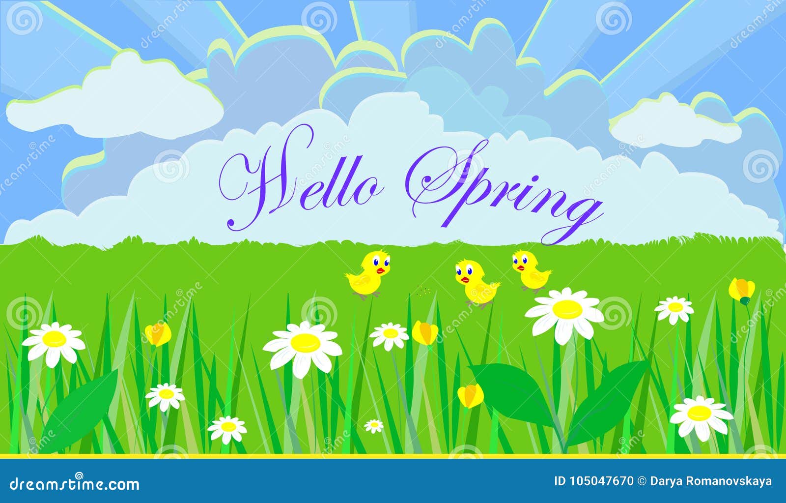 Hello Spring, Spring, Chickens in the Meadow,spring Sky Stock Vector ...