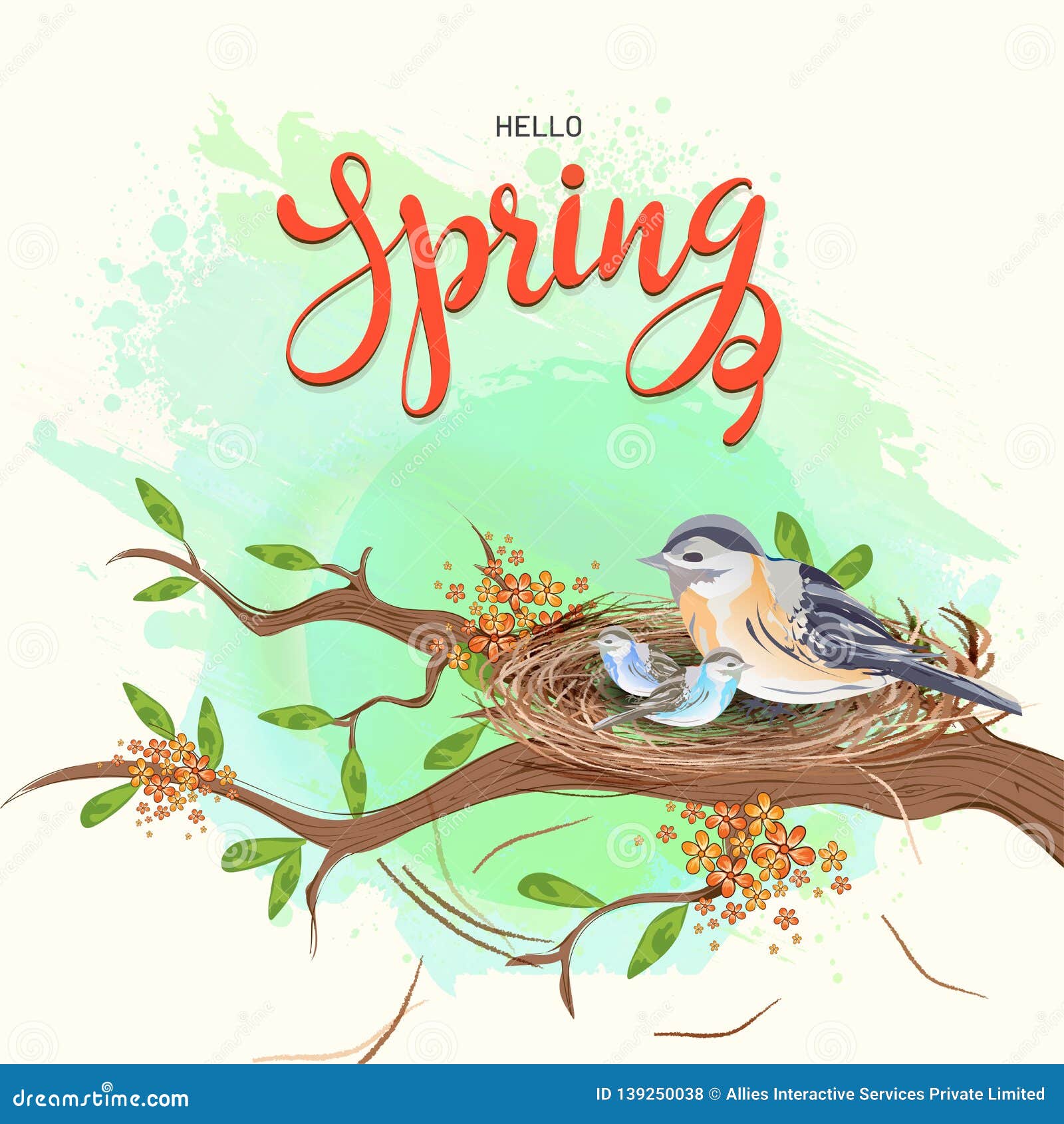Hello Spring Template or Greeting Card Design with Illustration of Tiny ...