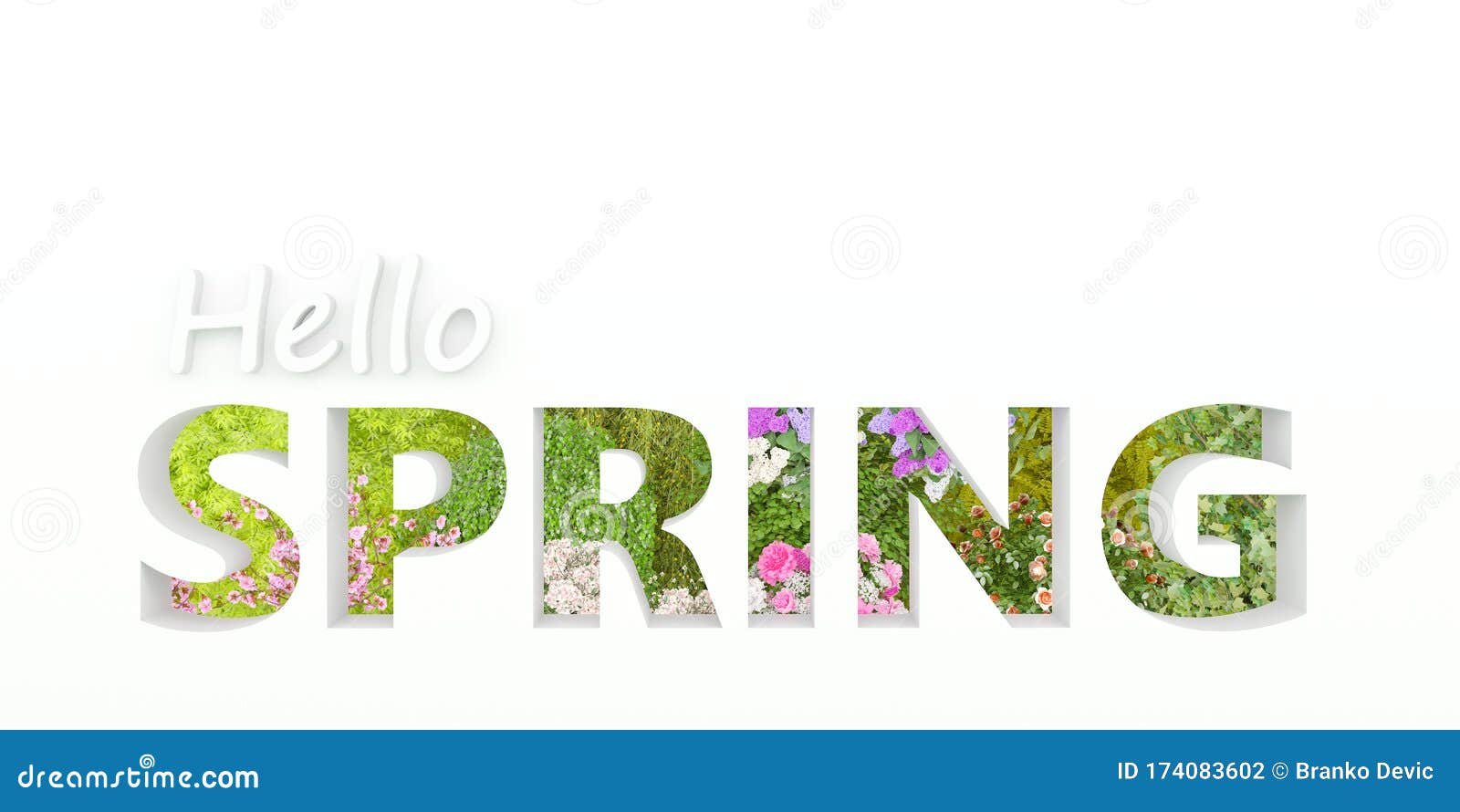 Hello Spring Text Design on a White Background. Flowers, Green Leaves ...