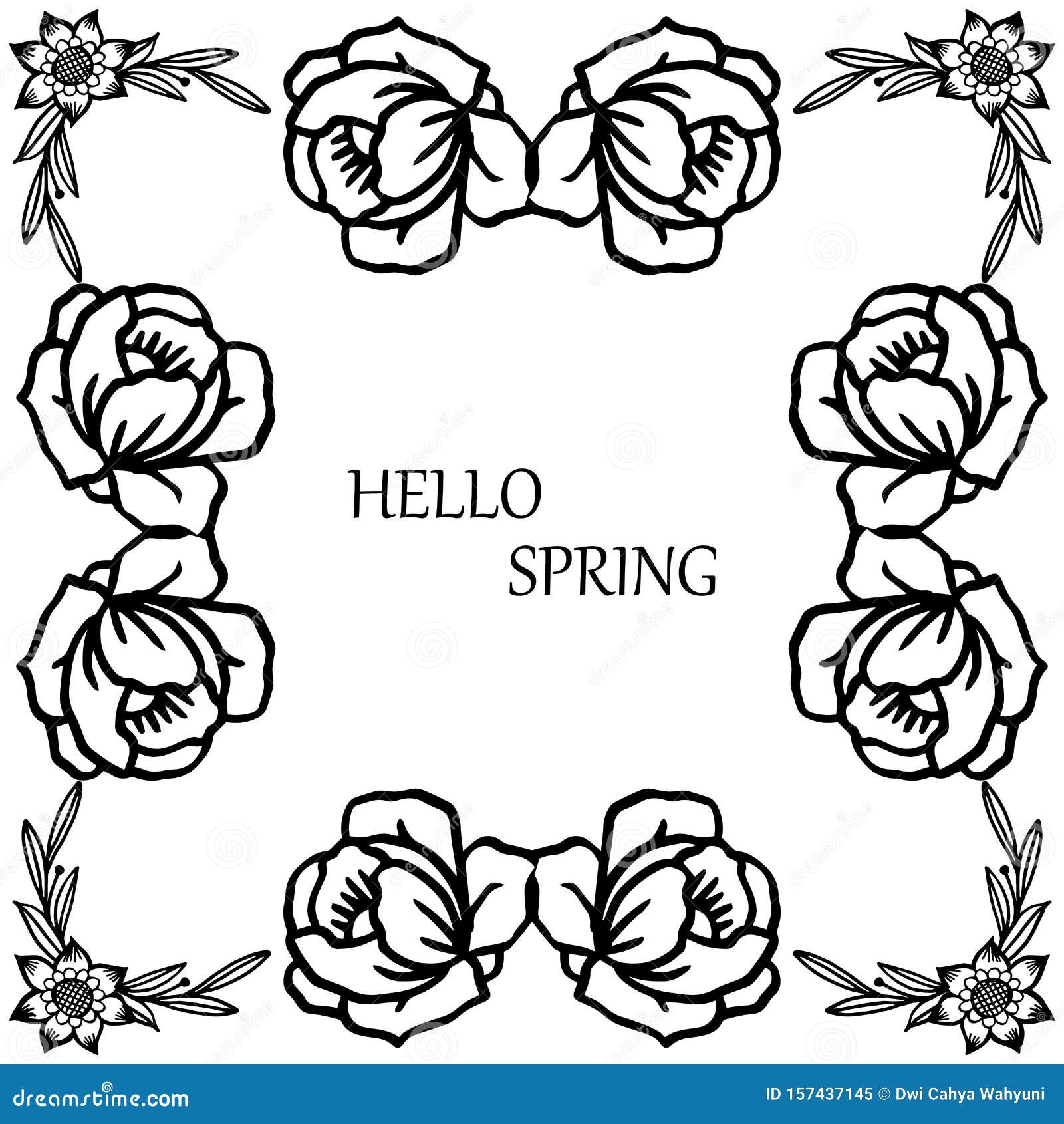 Hello Spring Text with Element Leaves and Floral Frame. Vector Stock ...