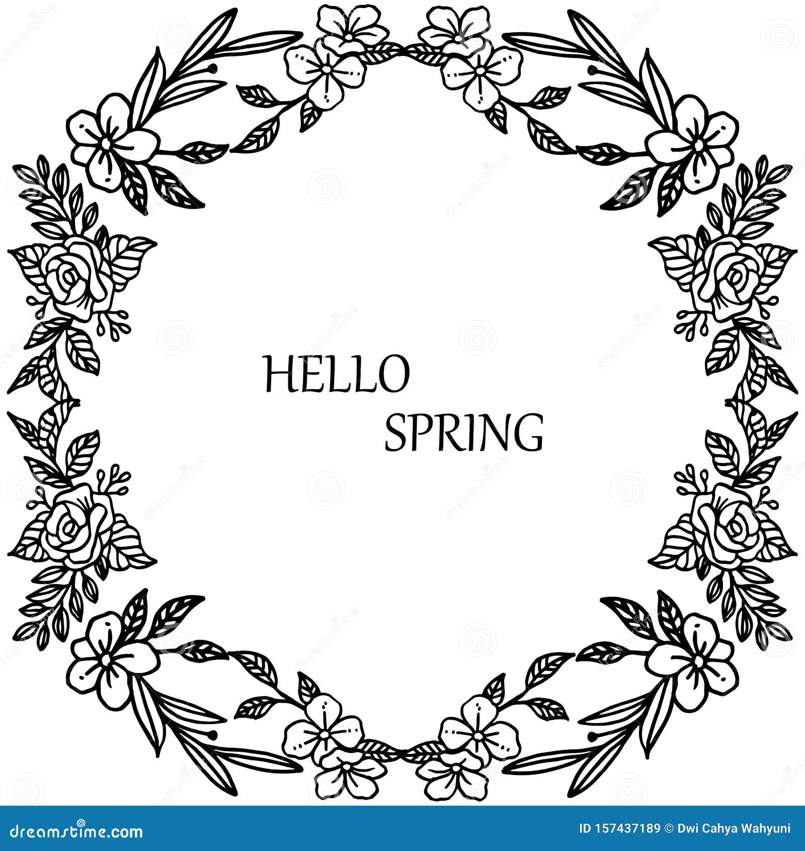 Hello Spring Text with Element Leaves and Floral Frame. Vector Stock ...