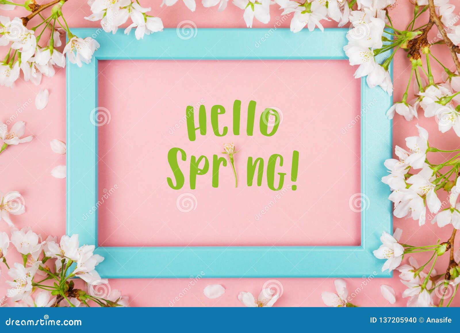 Hello Spring Text in a Turquoise Frame with Cherry Blossom Stock Photo ...