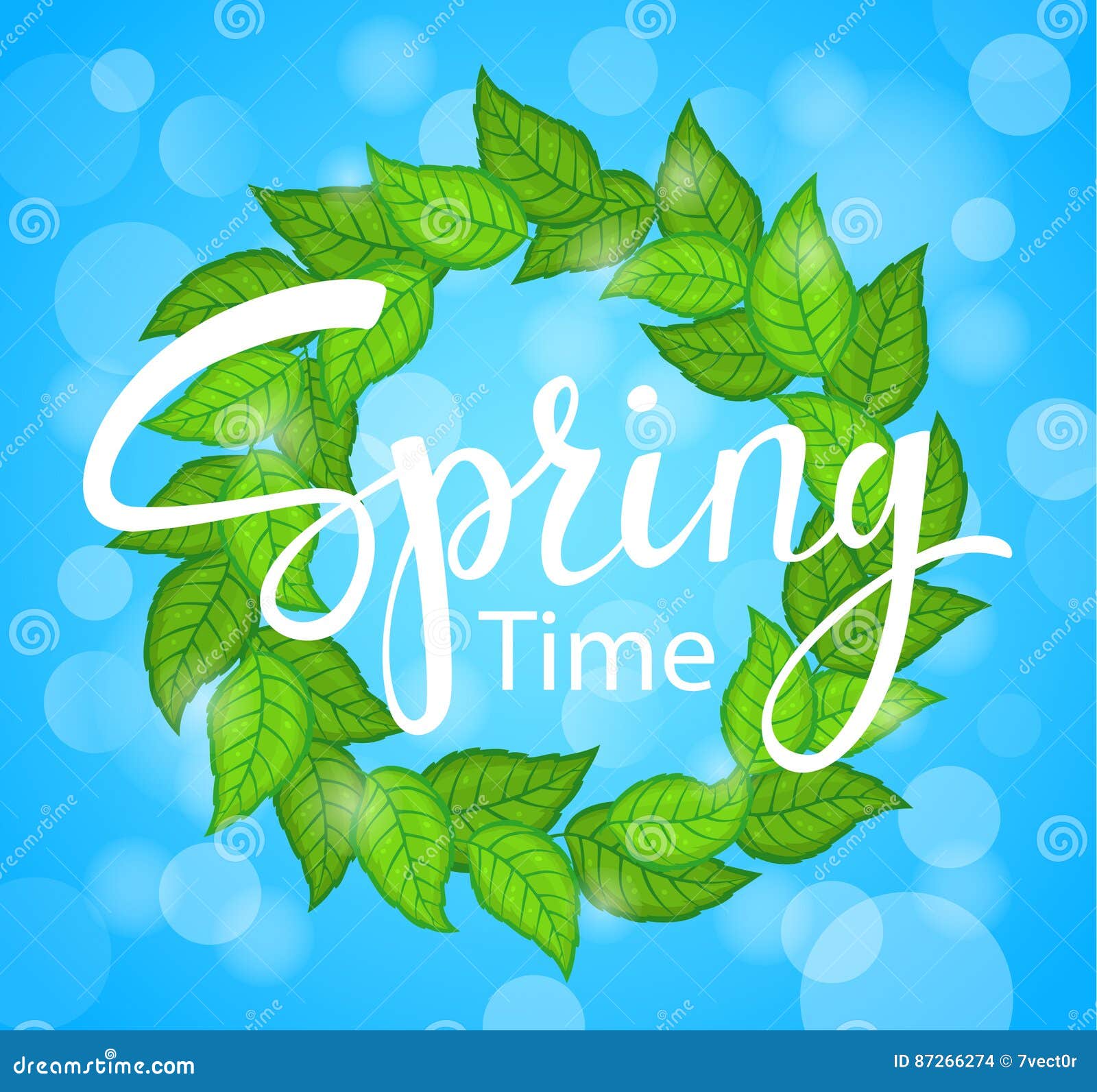 Hello Spring Time Wreath with Green Fresh Leaves on Blue Background ...