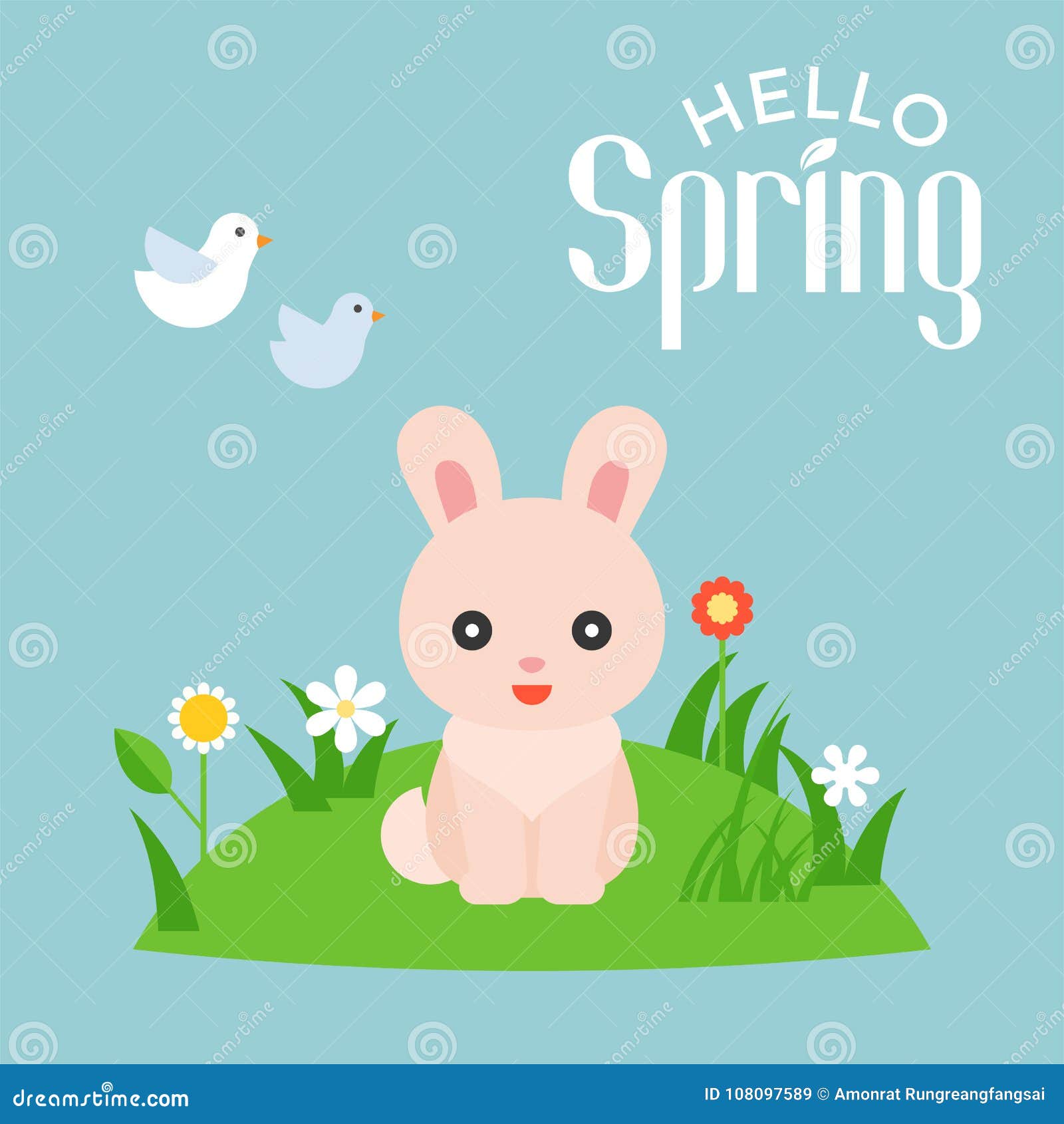 Hello Spring Typography with Illustration of Cute Rabbit Character on ...