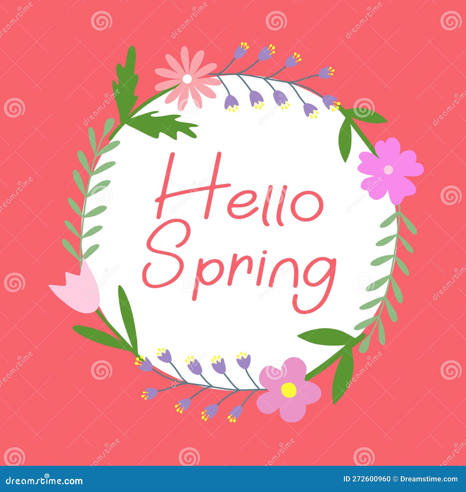 Hello Spring Vector Greetings Design with Flower Elements on Pink ...