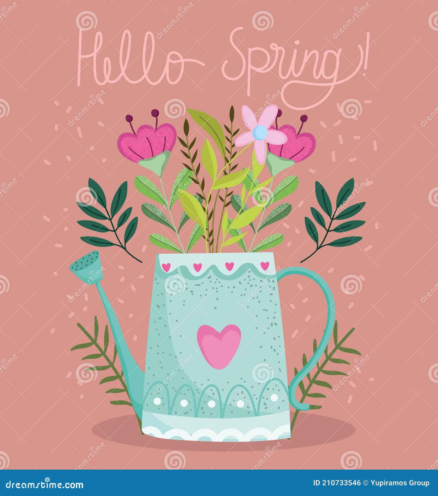 Hello Spring Watering Can Flowers Foliage Nature Stock Vector ...
