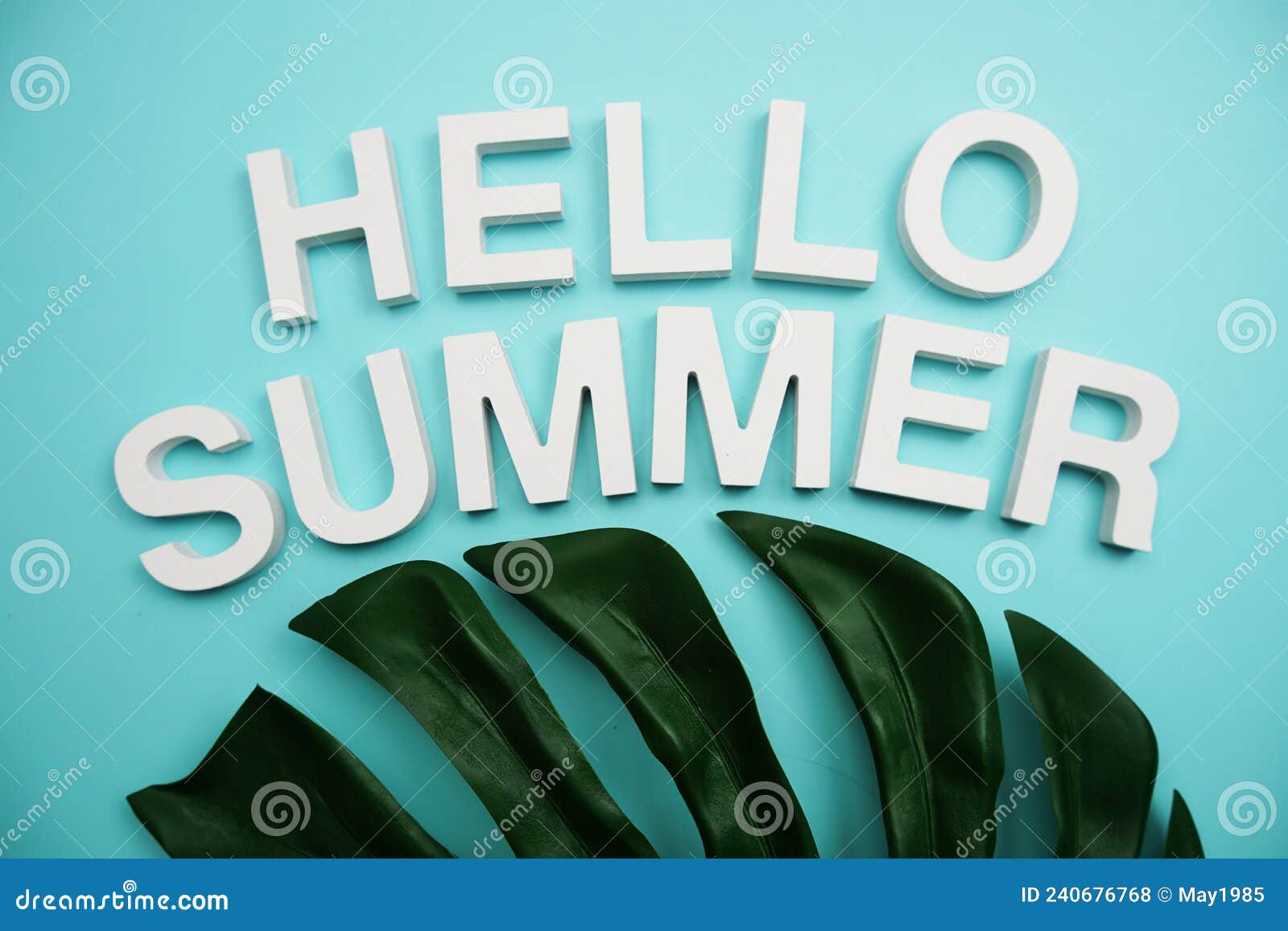Hello Summer Alphabet Letters with Monstera Leaves on Blue Background ...