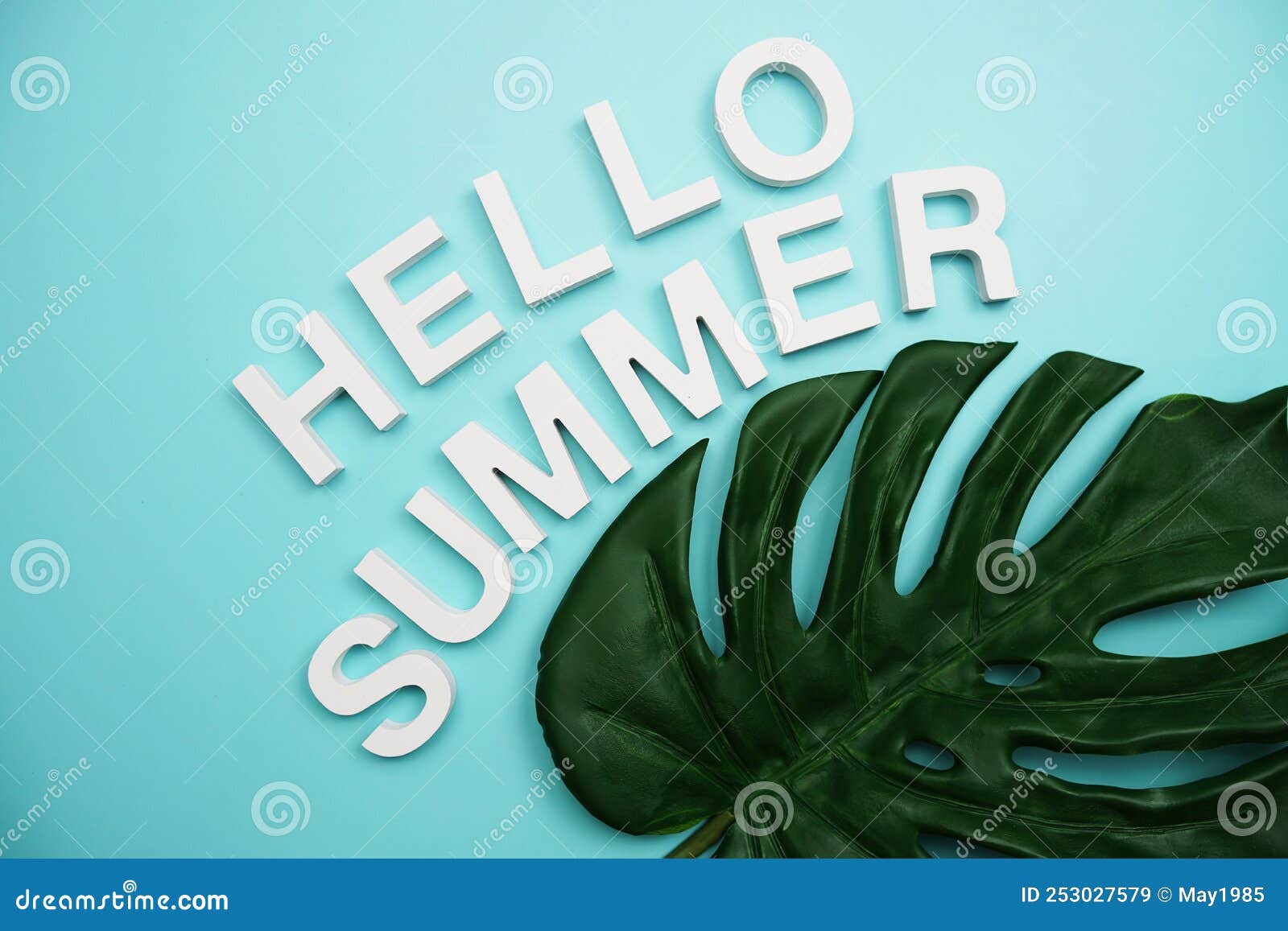 Hello Summer Alphabet Letters with Monstera Leaves on Blue Background ...