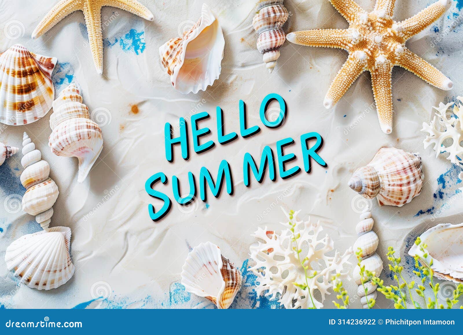 Hello Summer Banner with Sand Beach with Top View, Generative AI. Stock ...