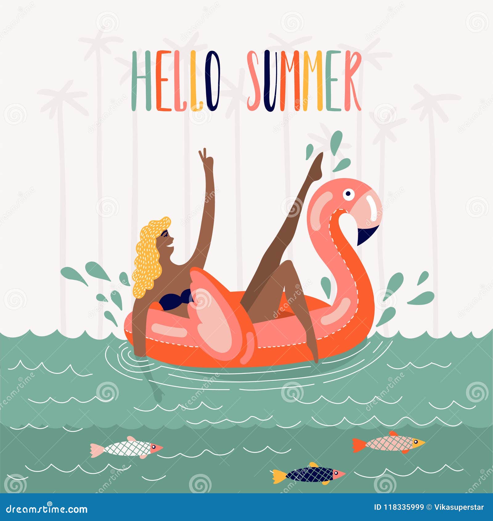 Summer Beach Cartoon Vector Illustration with Young Women on the Float ...