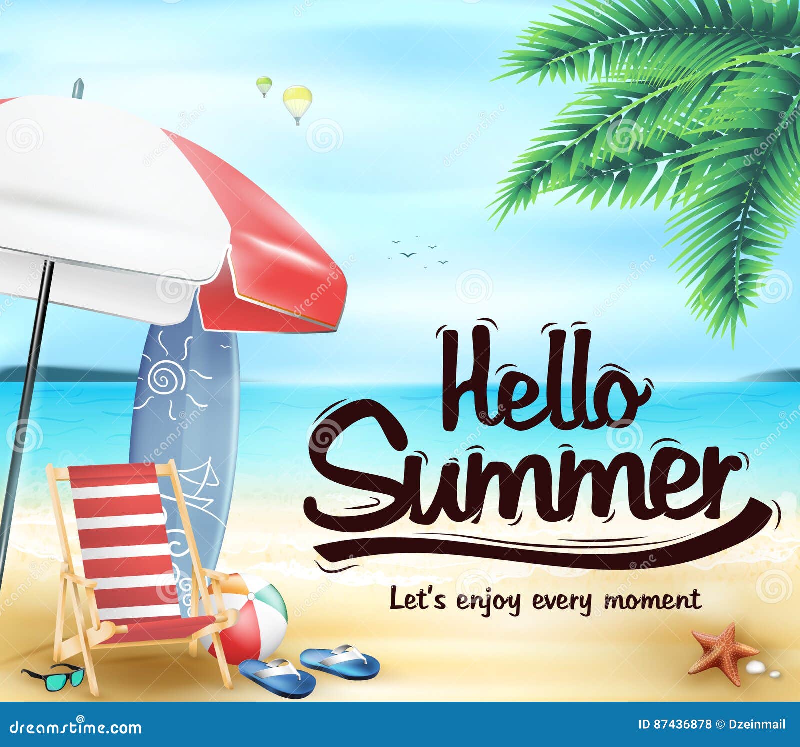 Hello Summer in the Beach Resort with Chair Stock Vector - Illustration ...