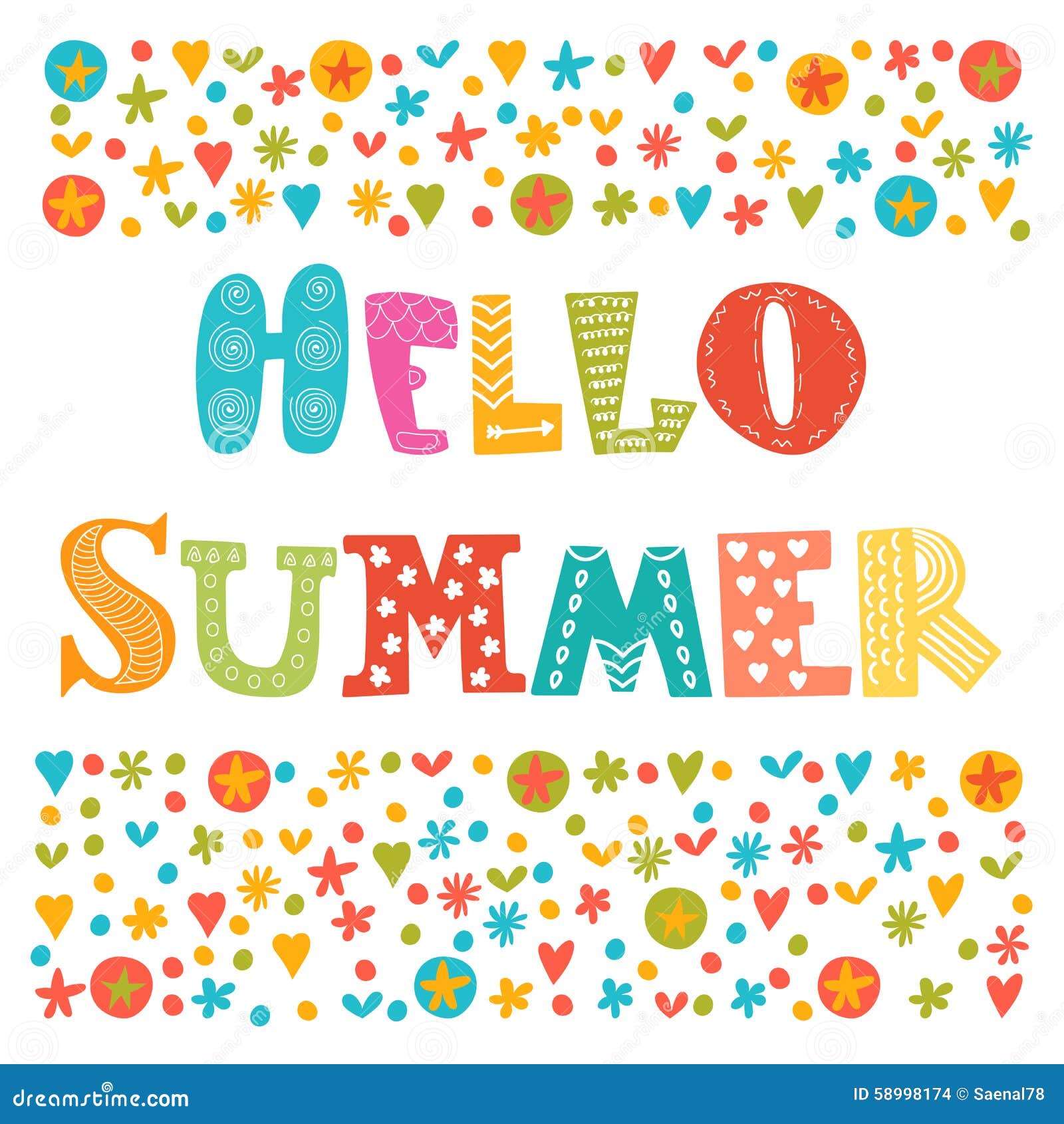 Hello Summer Card with Decorative Design Elements. Cute Greeting Stock ...