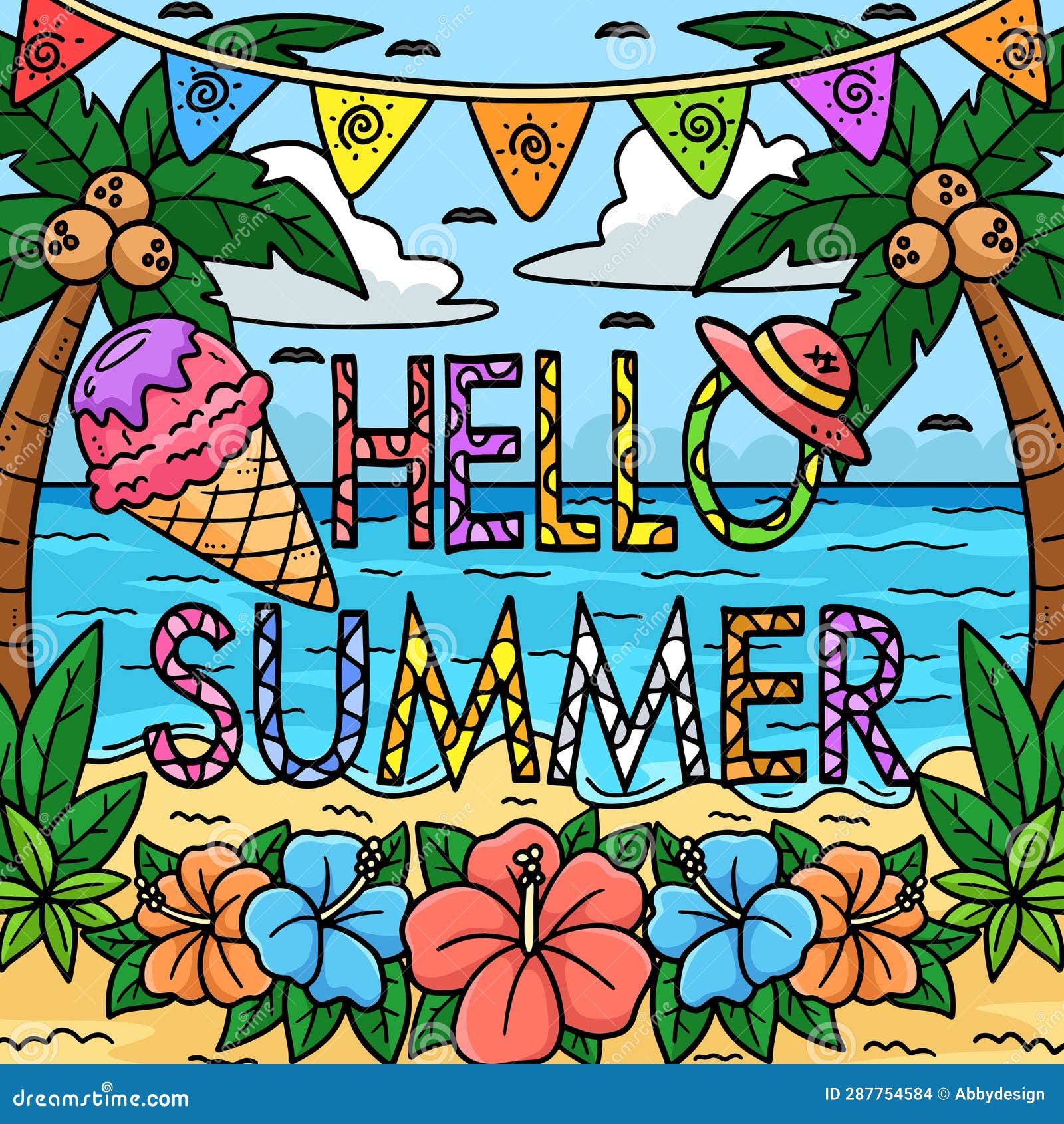 Hello Summer Colored Cartoon Illustration Stock Vector - Illustration ...