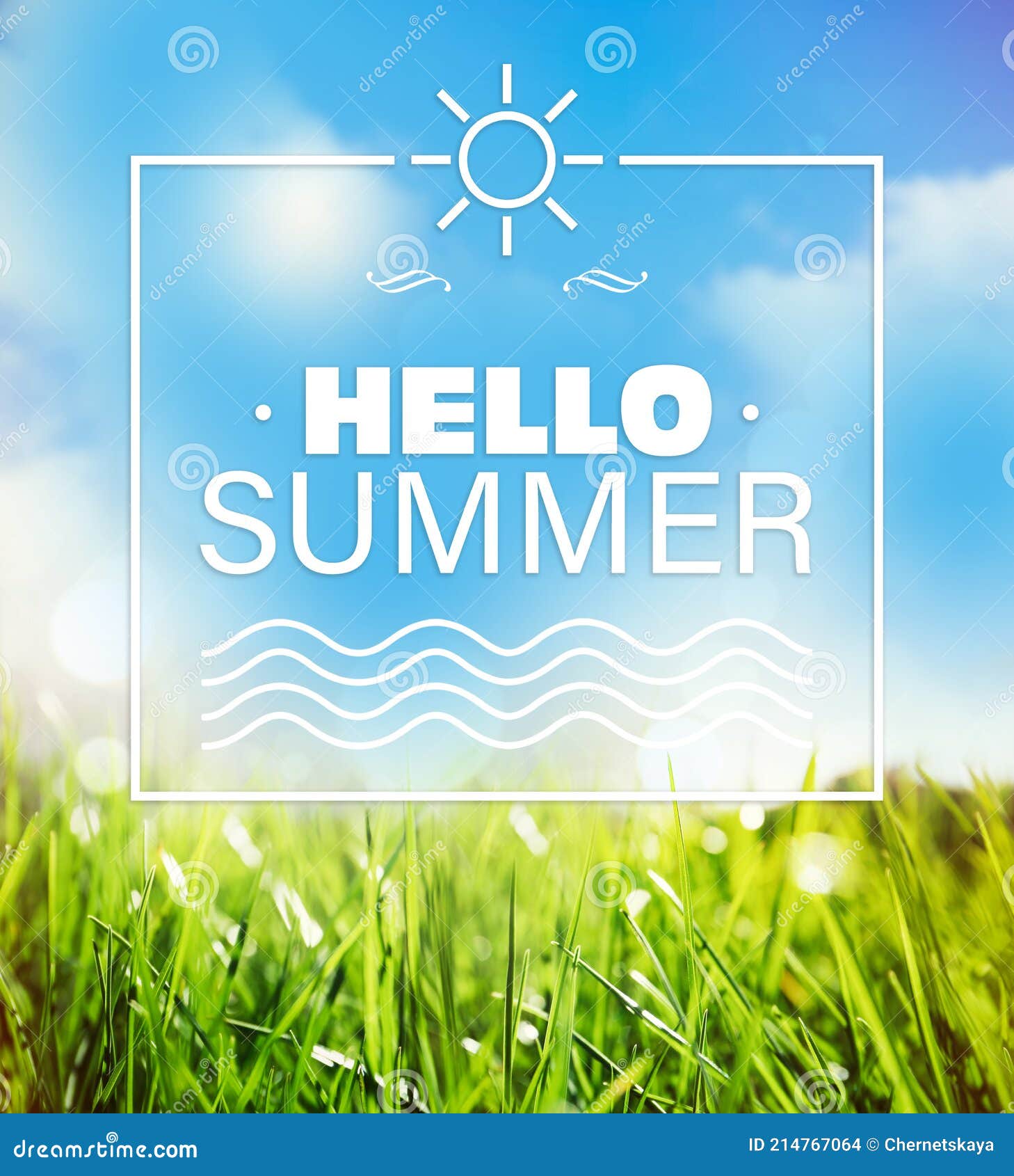 Hello Summer. Green Grass and Blue Sky on Sunny Day, Closeup Stock ...