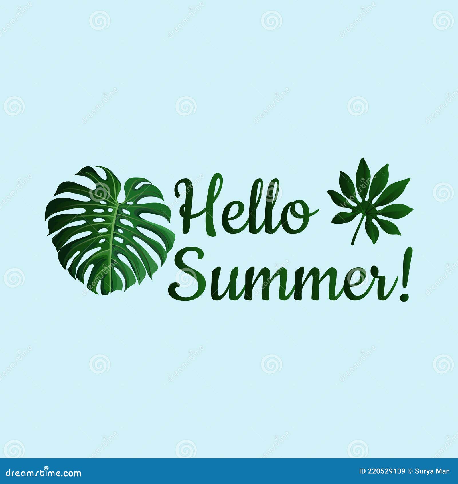 Hello Summer with Green Monstera Leaves on Blue Background Stock Vector ...
