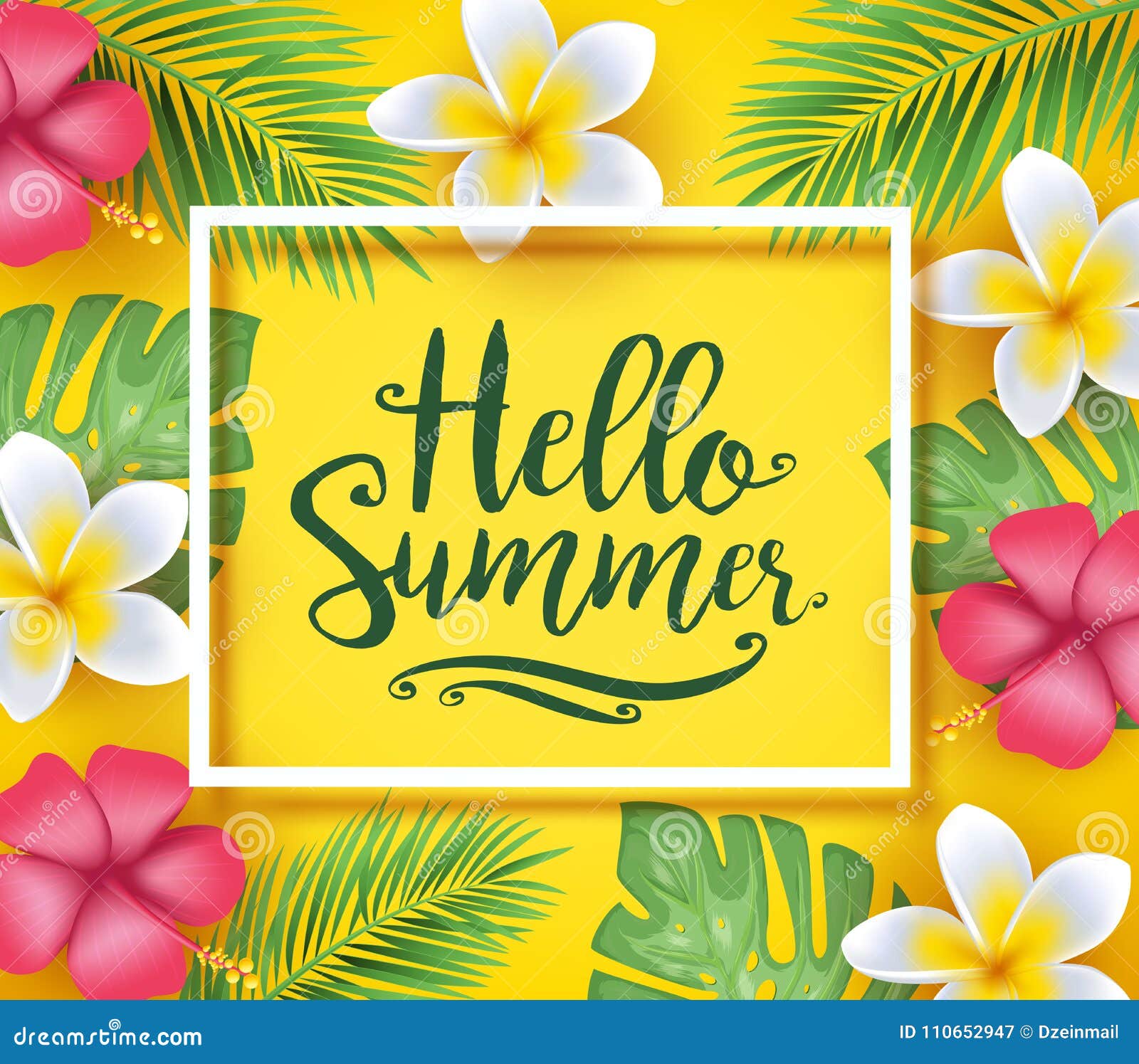 Hello Summer Greeting Inside Frame Creative Design with Flowers and ...