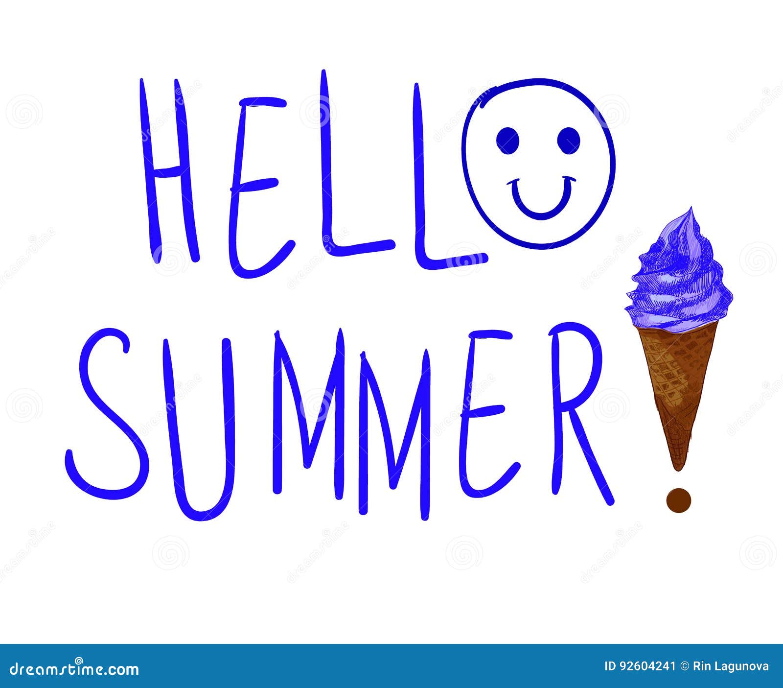 `Hello Summer` Handwritten Blue Letters on White Background. Stock ...