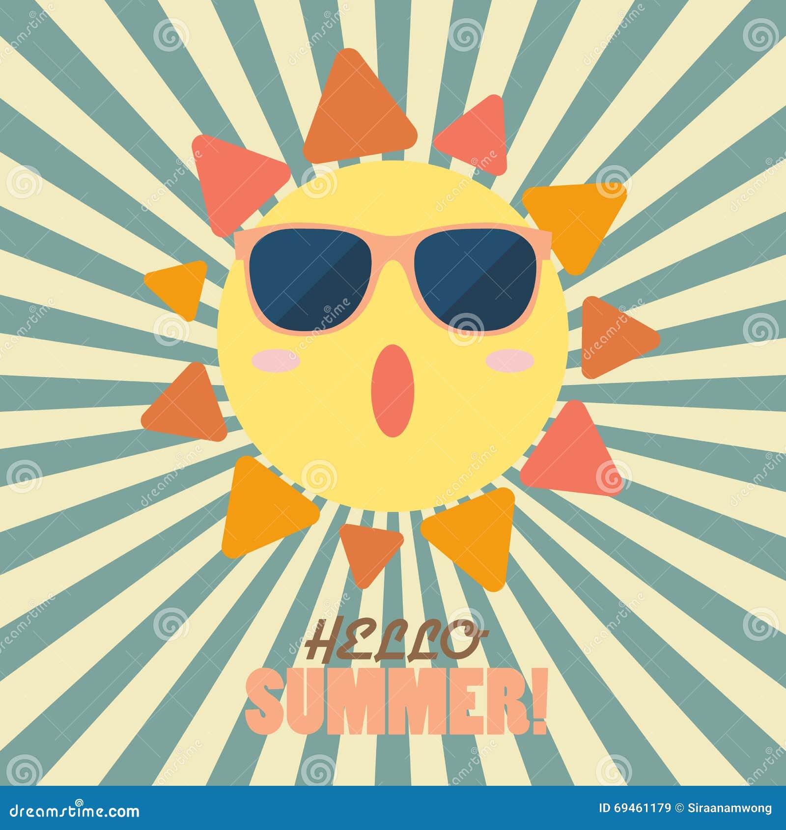 Hello Summer with Happy Sun on Sunburst Pattern Stock Vector ...
