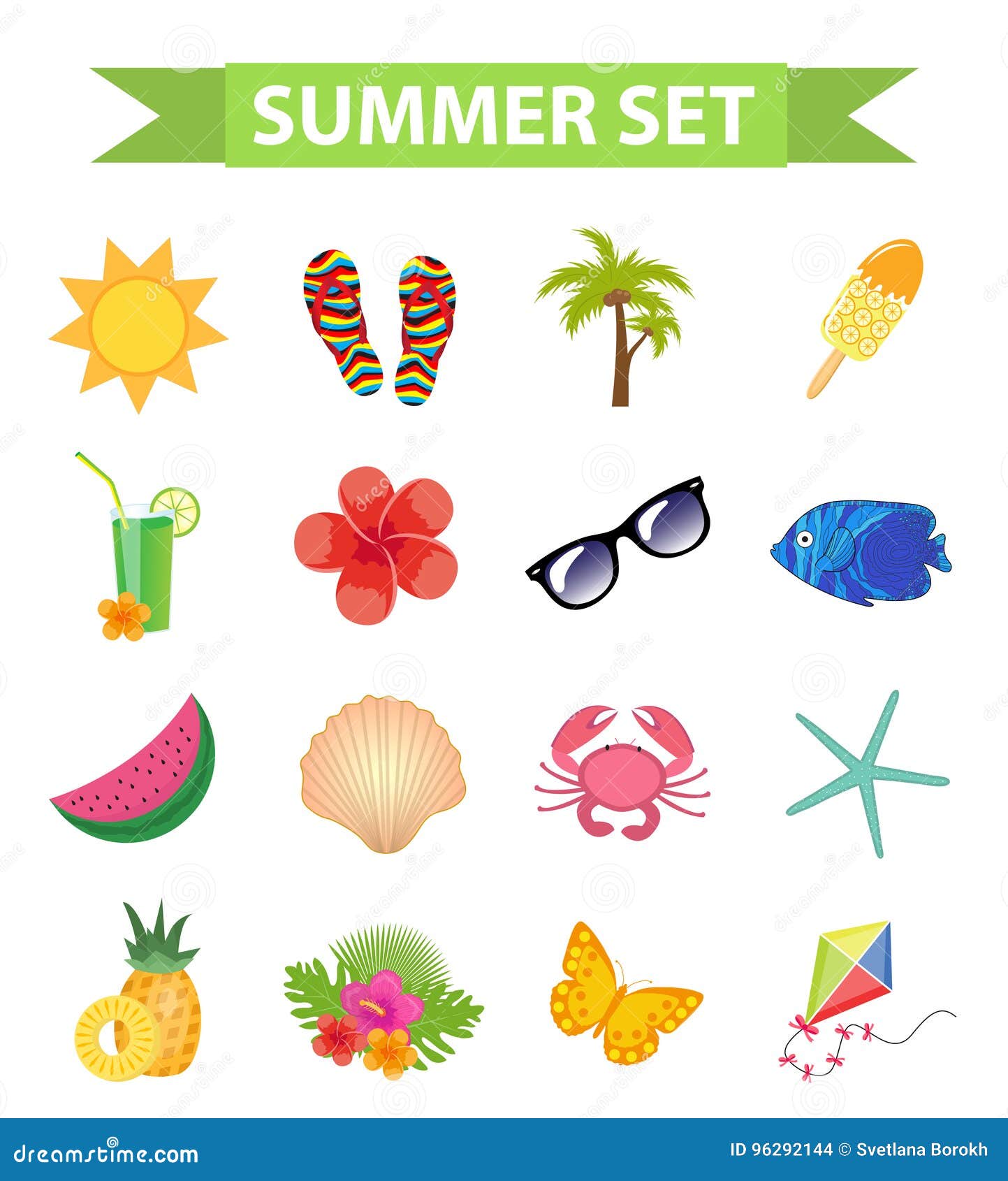 Hello Summer Icon Set, Flat, Cartoon Style. Beach, Vacation Collection ...