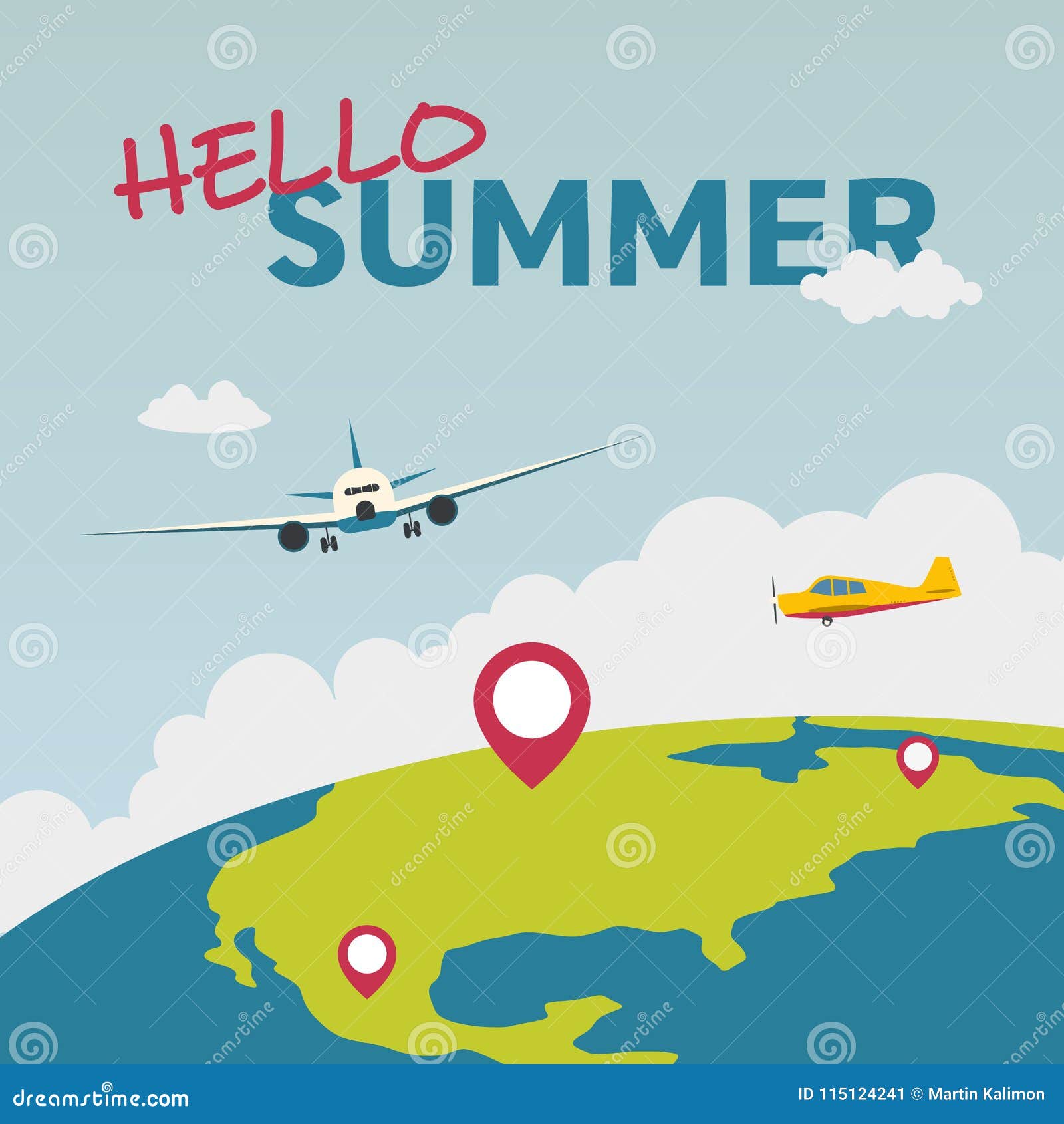 Hello Summer Illustration with Airplane and the Globe. Stock Vector ...