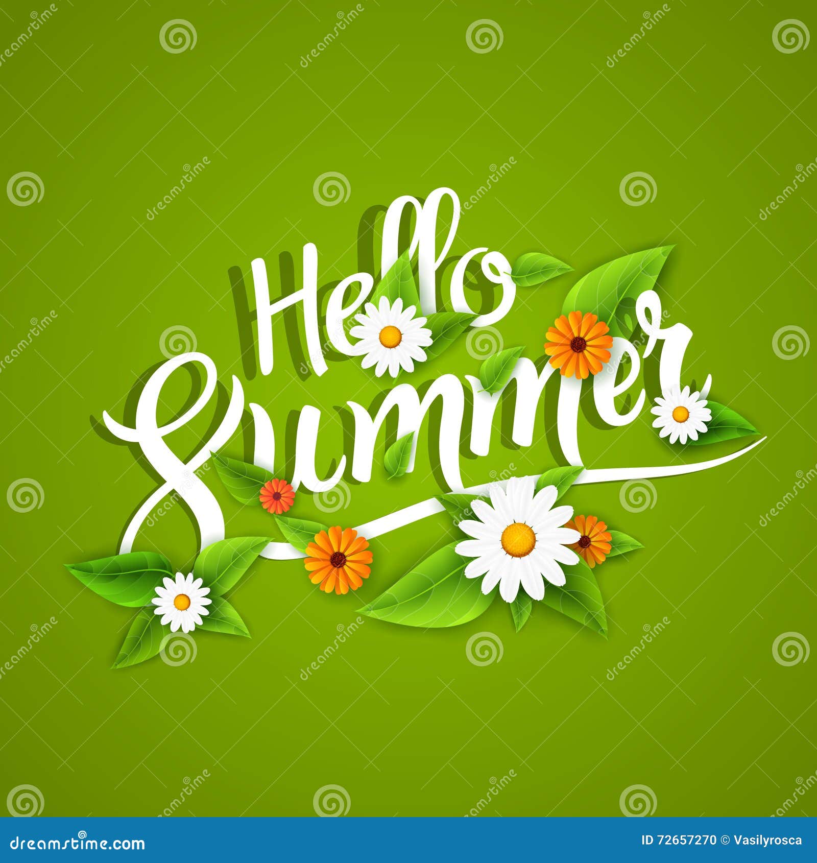 Hello Summer Lettering Typography with Flowers on White. Stock Vector ...