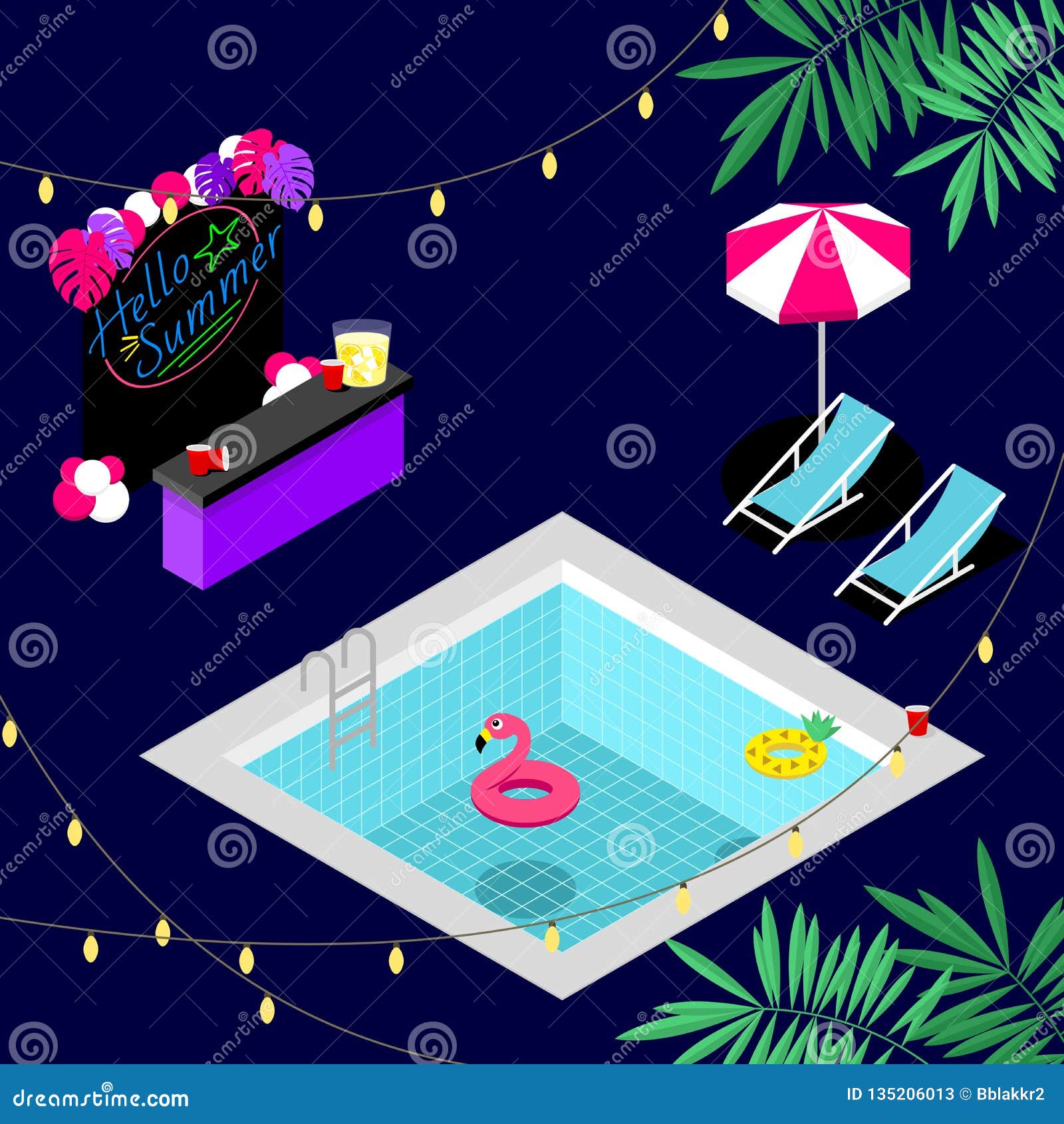 Hello Summer Night Pool Party with Tropical Decoration Stock ...