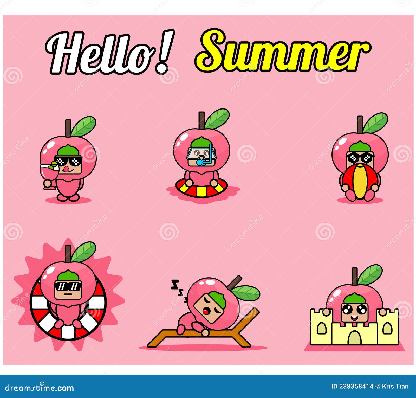 Hello Summer Peach Set Collection Stock Vector - Illustration of cute ...