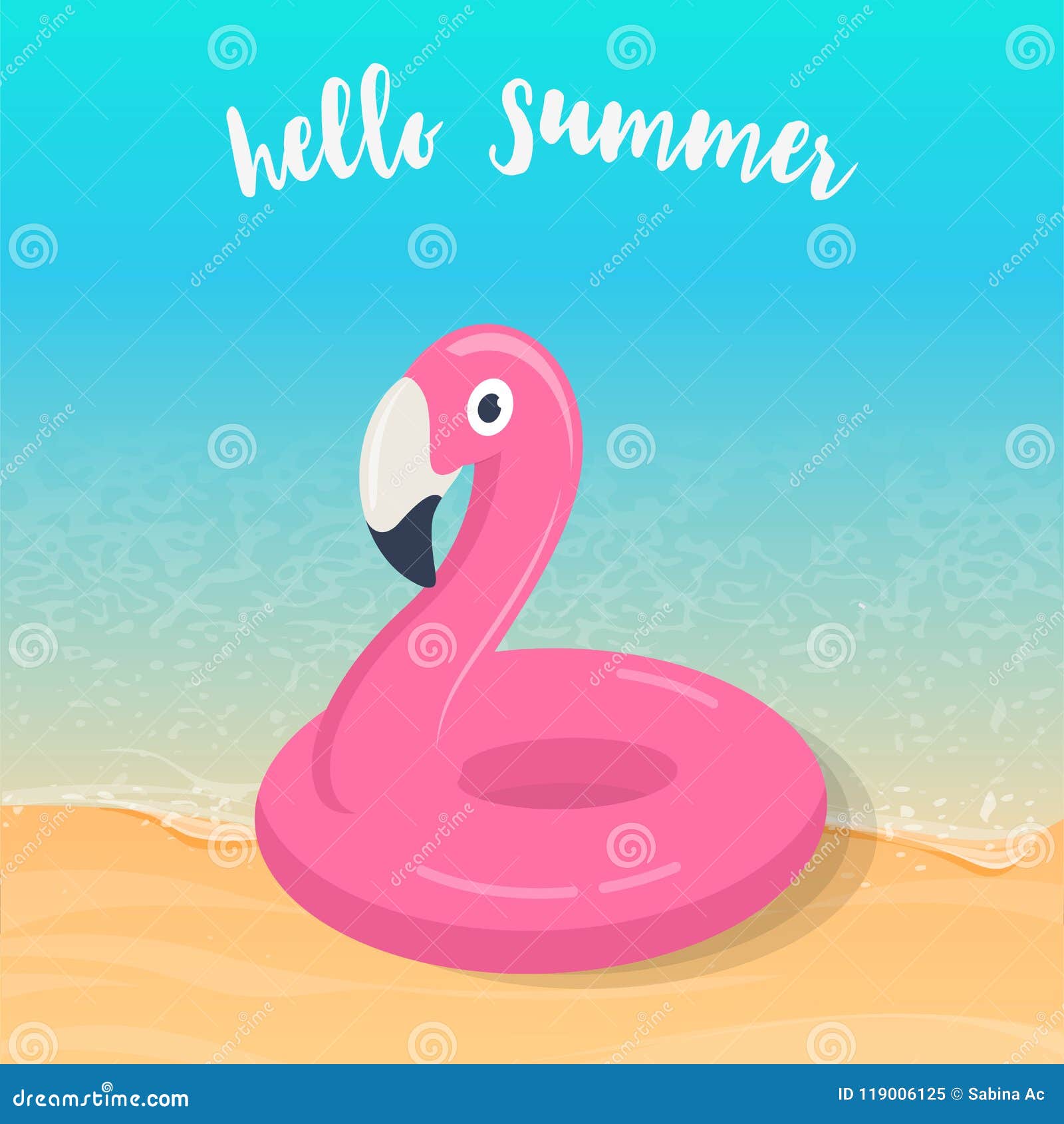 Hello Summer Pink Flamingo Inflatable Pool Float On The Beach Stock