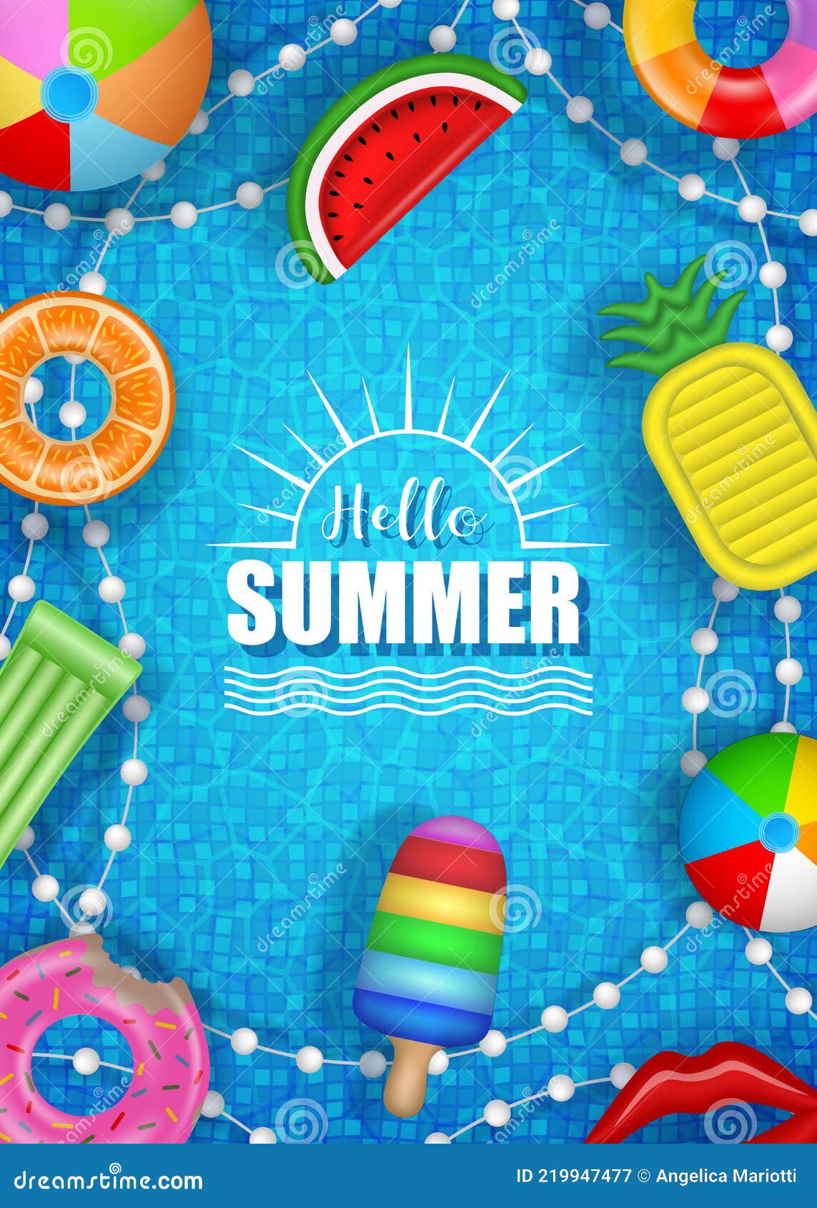 Hello Summer Poster with Colorful Inflatables on Pool Water Background ...