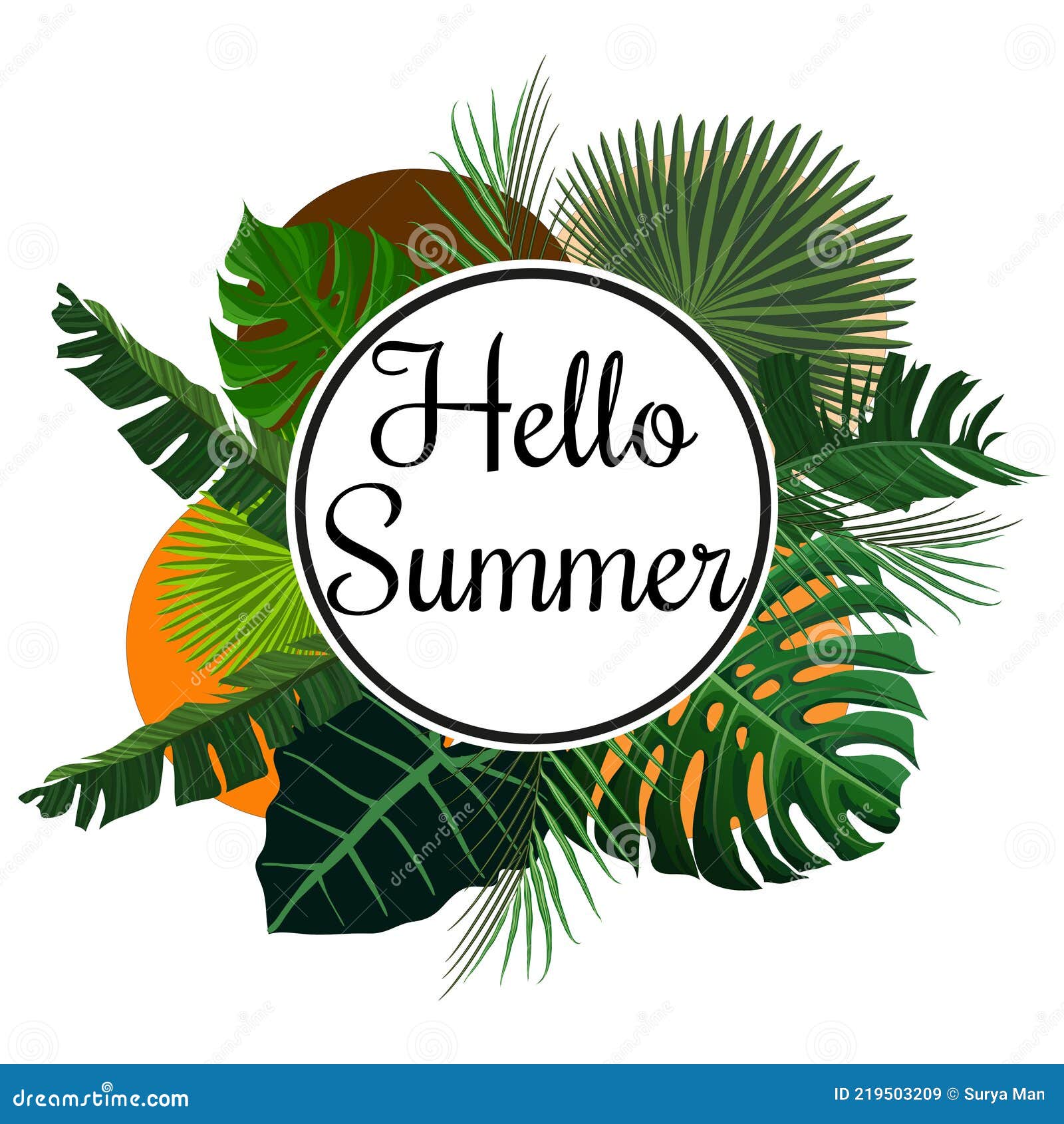 Hello Summer Round Frame with Leaves Stock Vector - Illustration of ...