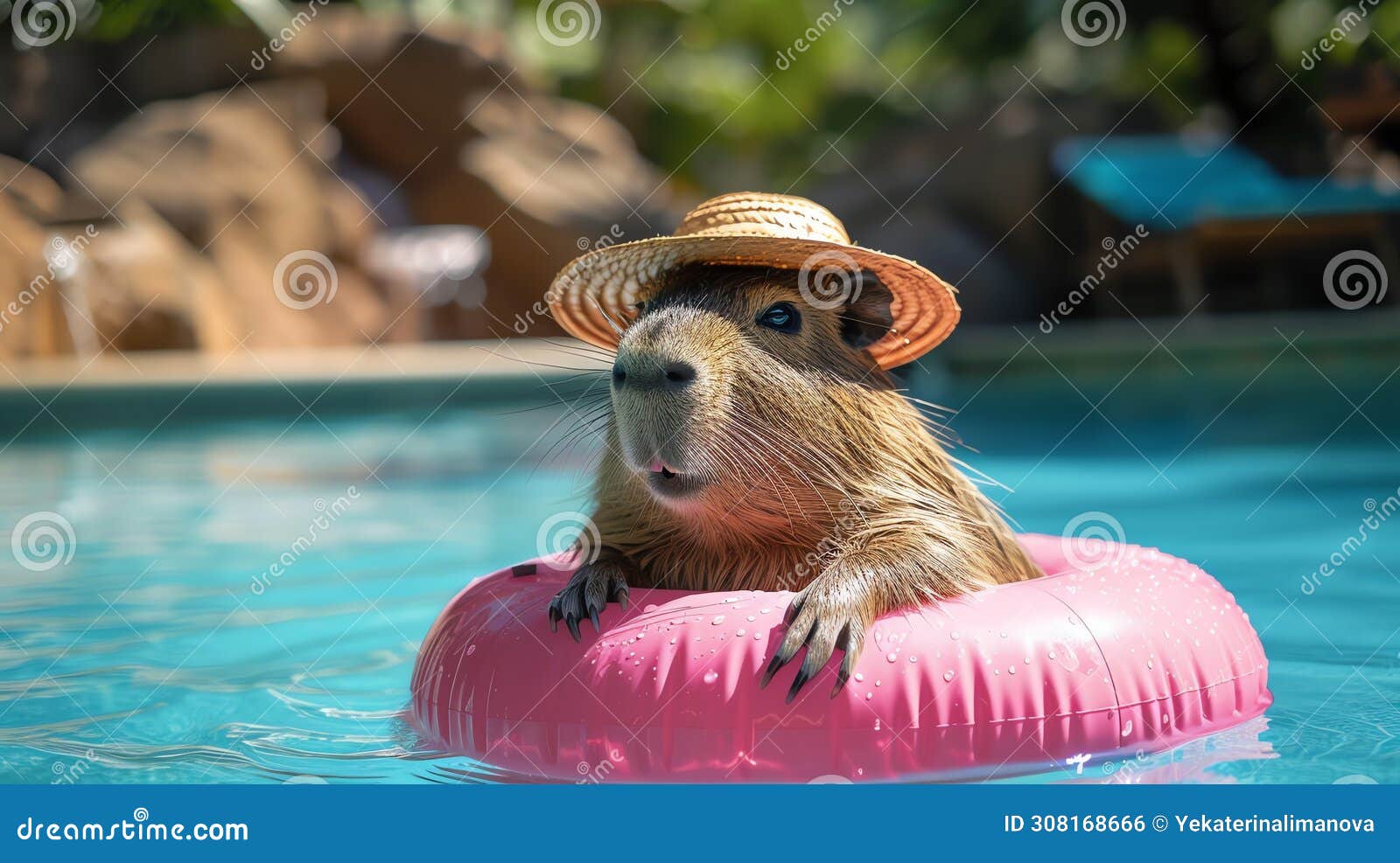 Hello Summer. Super Cute Capybara Wearing Straw Hat And Swimming In The ...