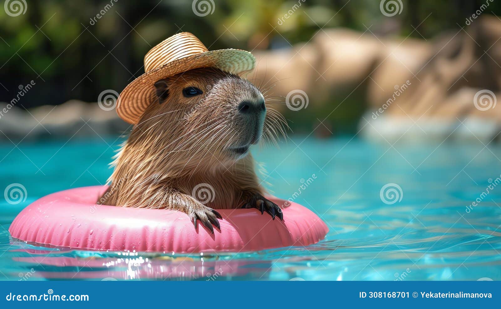 Hello Summer. Super Cute Capybara Wearing Straw Hat and Swimming in the ...