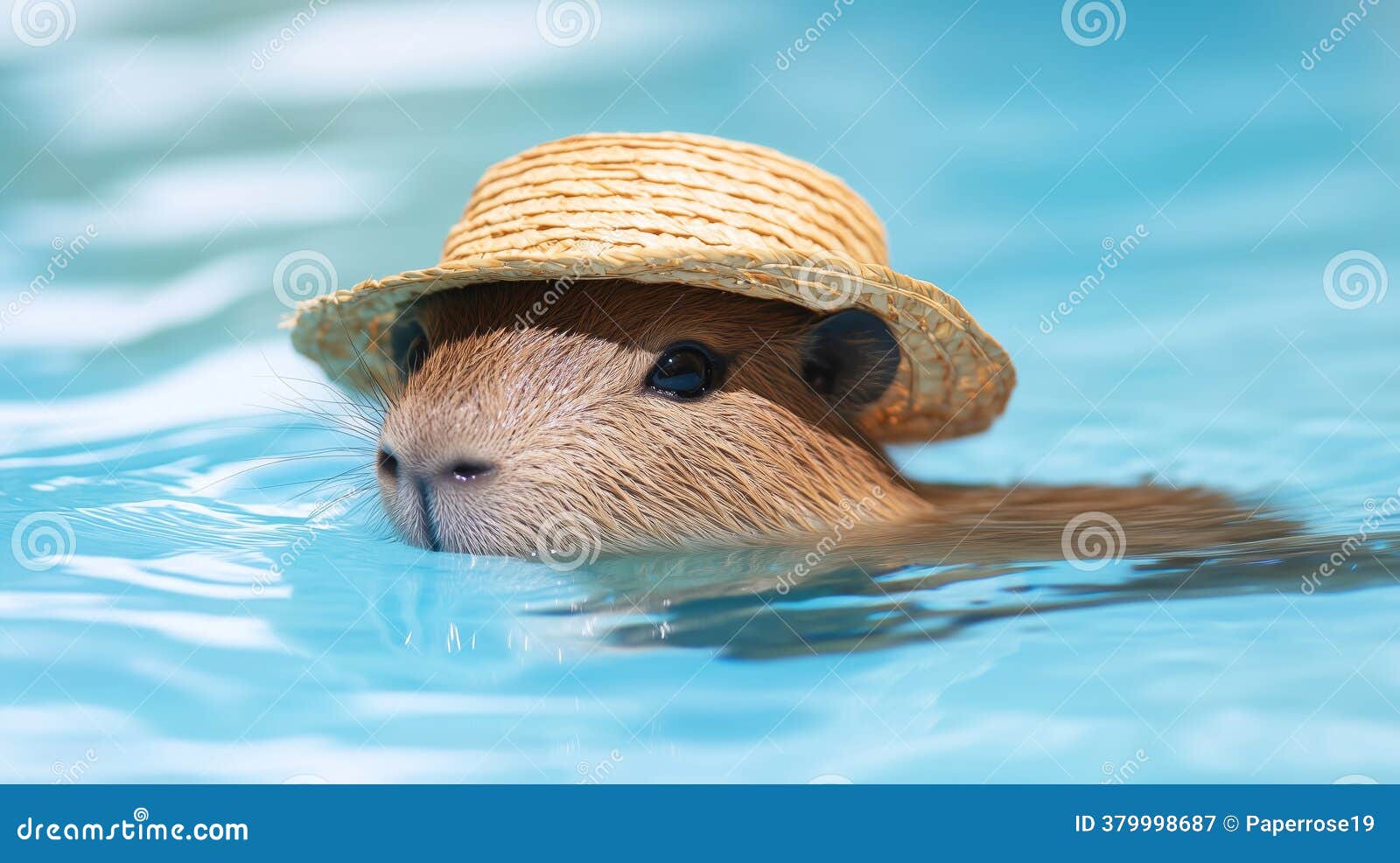 Cute Capybara Swims In The Pool Against The Backdrop Of The Summer ...